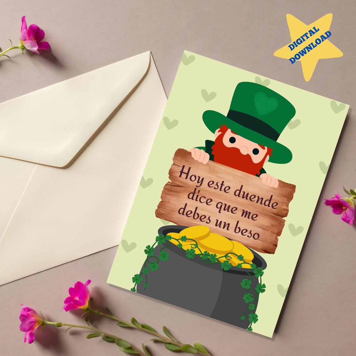Hoy Este Duende Dice Que Me Debes Un Beso, Spanish St. Patricks Card ...