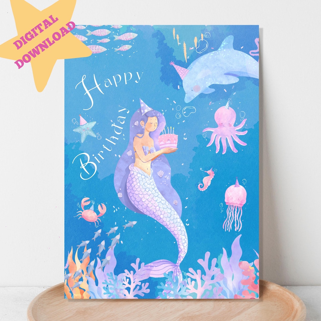 Mermaid Birthday Card, Ocean Theme Digital Card, Cute Under the Sea ...