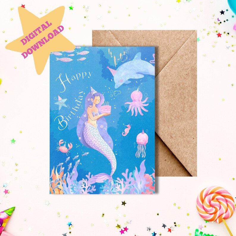 Mermaid Birthday Card, Ocean Theme Digital Card, Cute Under the Sea ...