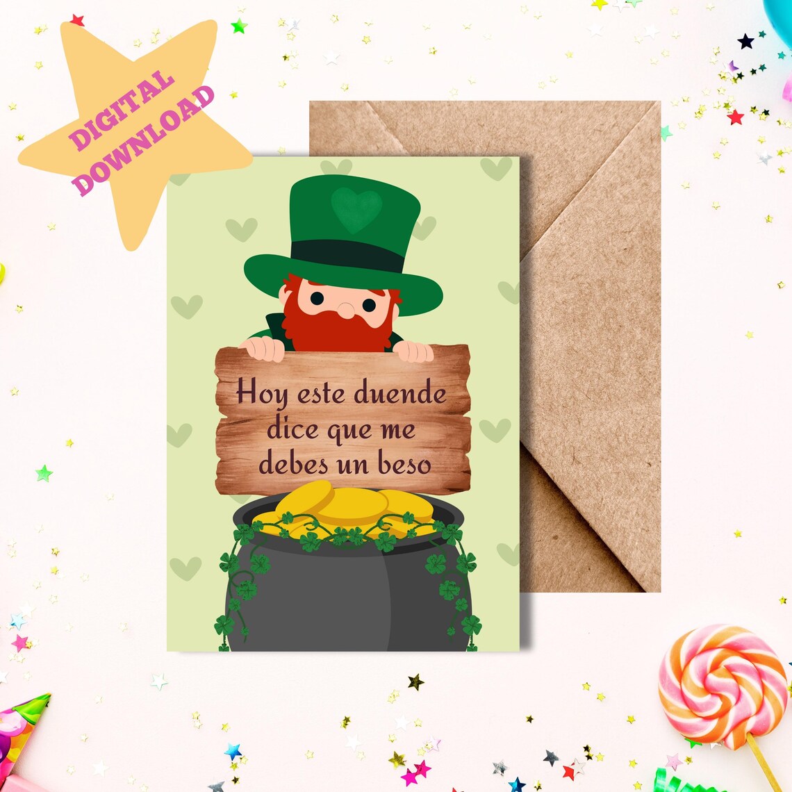 Hoy Este Duende Dice Que Me Debes Un Beso, Spanish St. Patricks Card ...