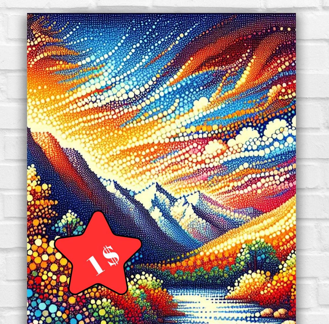 Pointillism Landscape Art - Colorful Mountain Scene Digital Print ...