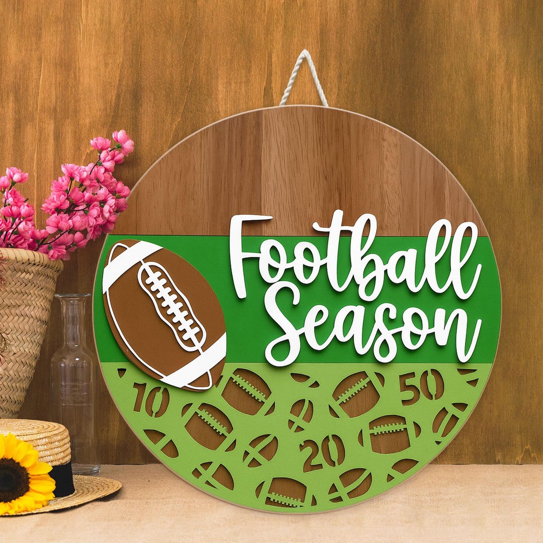 Football Season Door Hanger – Round Wooden Sign With Cutout Football ...