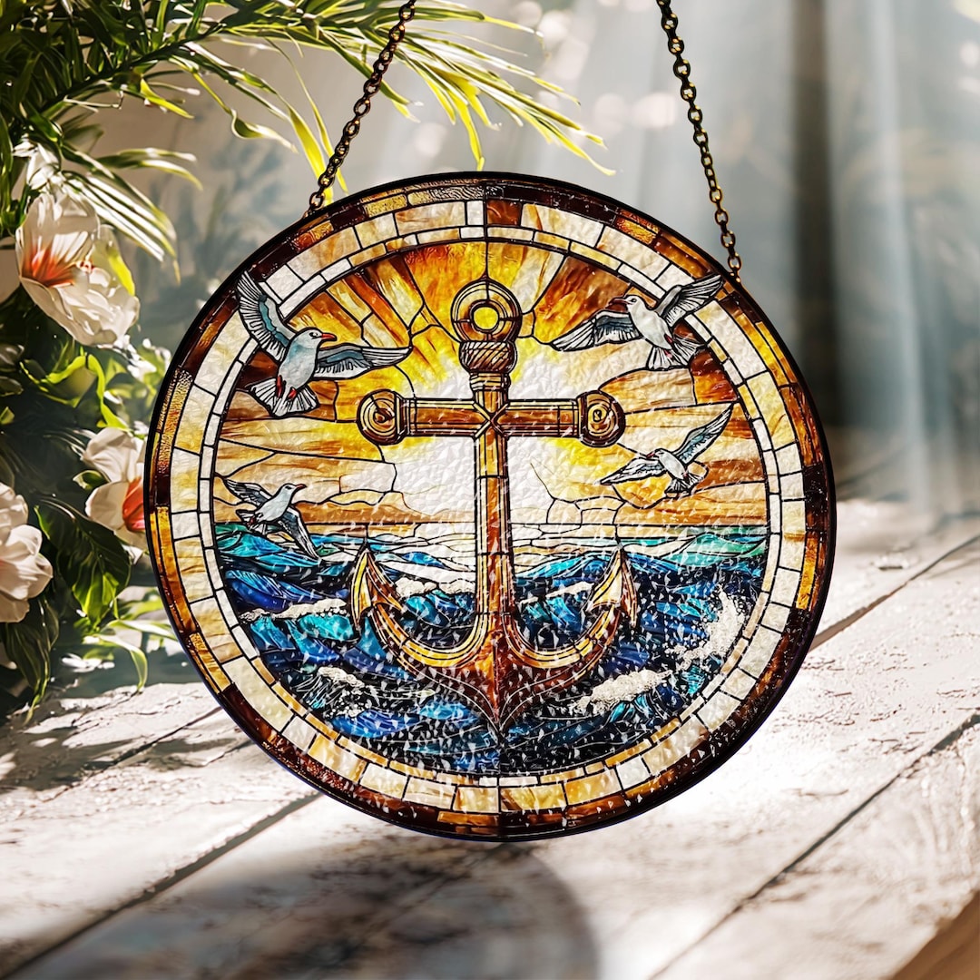 Nautical Anchor Faux Stained Glass, Navy Veteran Military Suncatcher ...