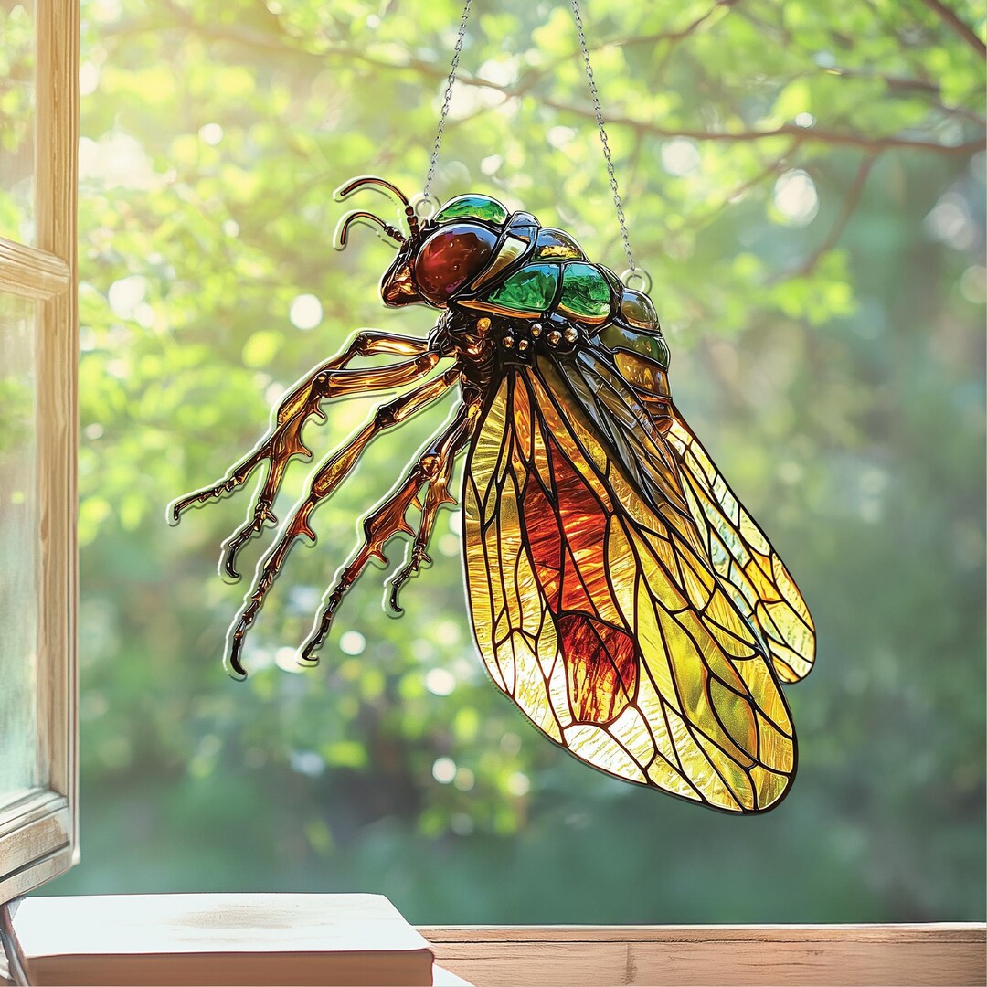 Exquisite Stained Glass Cicada Window Hanging Featuring a Vibrant ...