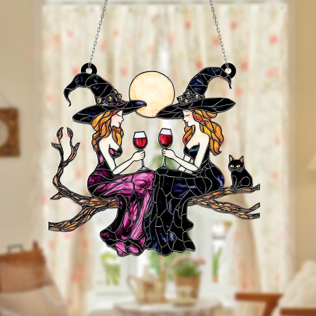 Witches Wine Acrylic Window Hanging, Halloween Witch Decor for Women ...