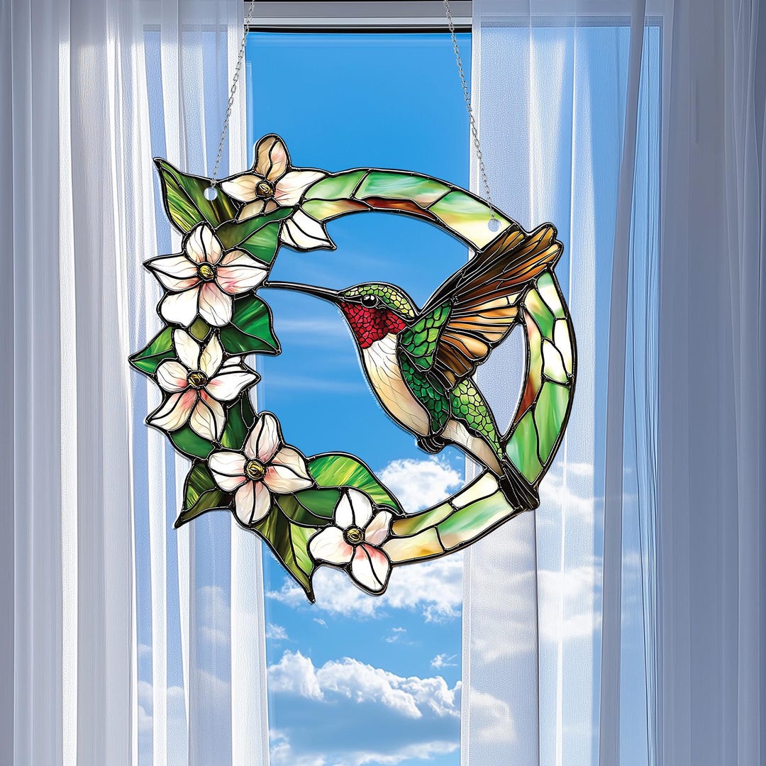 Charming Stained Glass Hummingbird Window Hanging–green and Red Bird ...