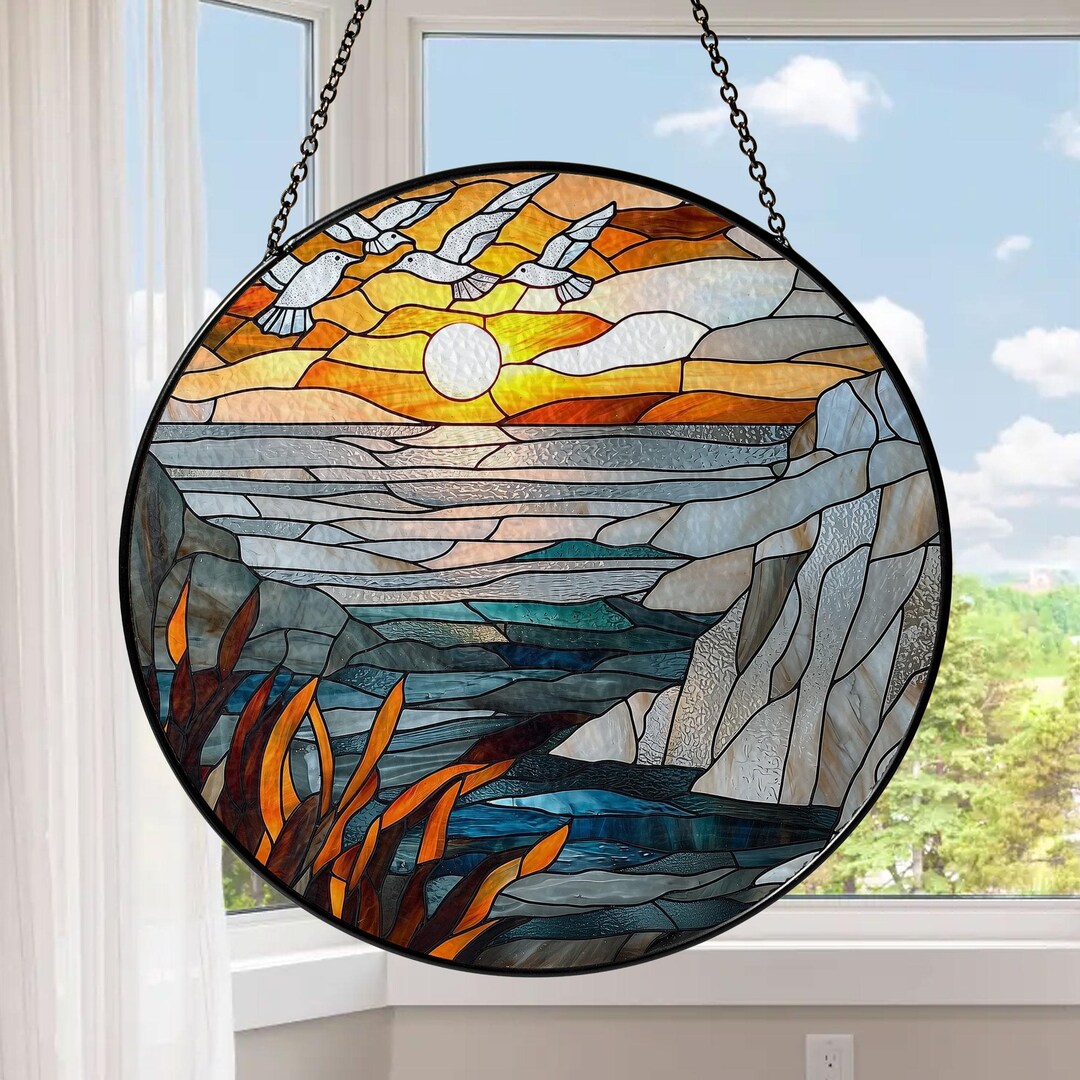 Ocean Cliff Sunset Stained Glass Suncatcher, Seagull Coastal Window ...