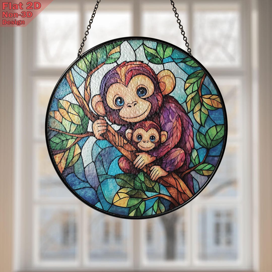Monkey Stained Glass Suncatcher, Mother and Baby Monkey Art, Jungle ...