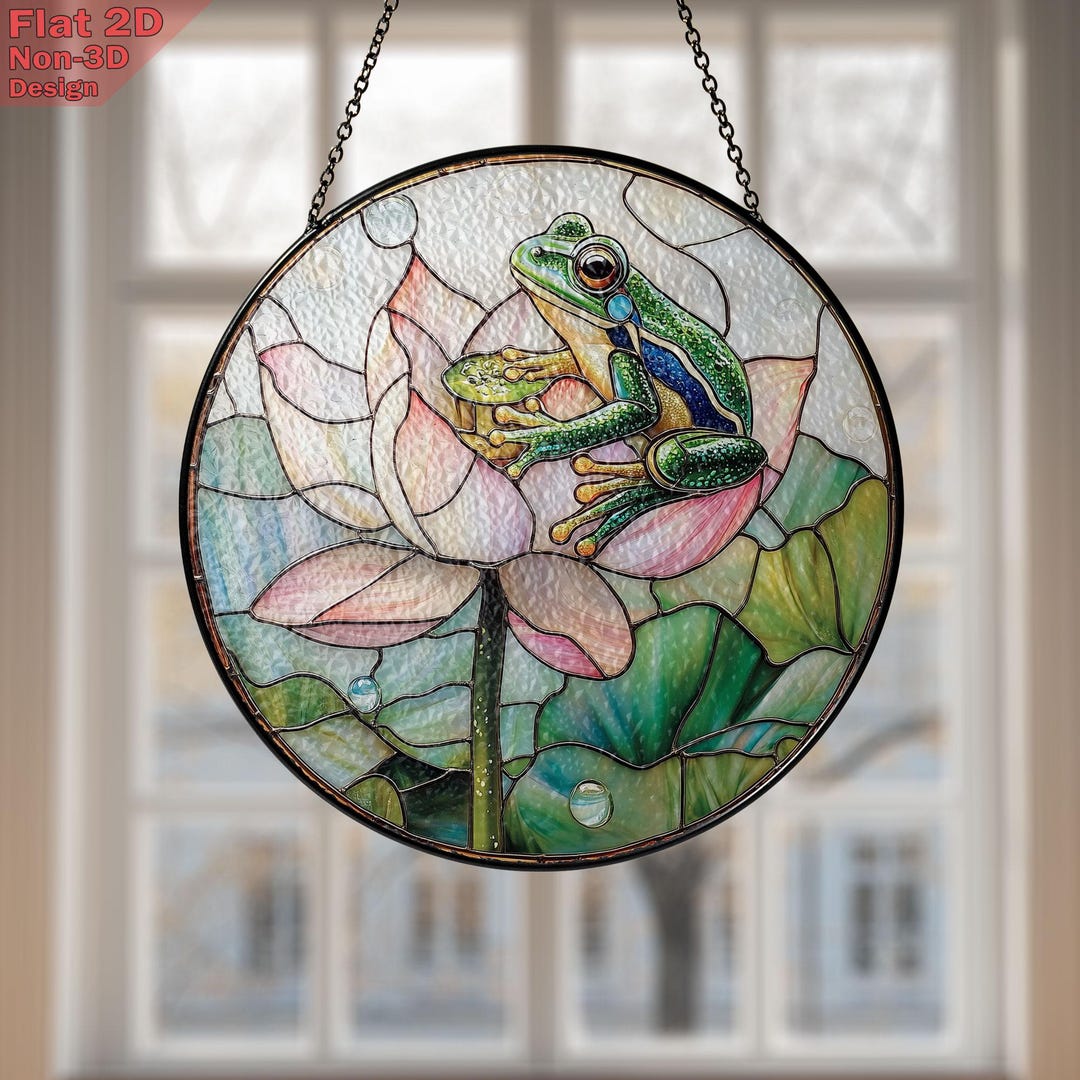 Frog on Lotus Stained Glass Suncatcher, Nature Window Hanging, Vibrant ...
