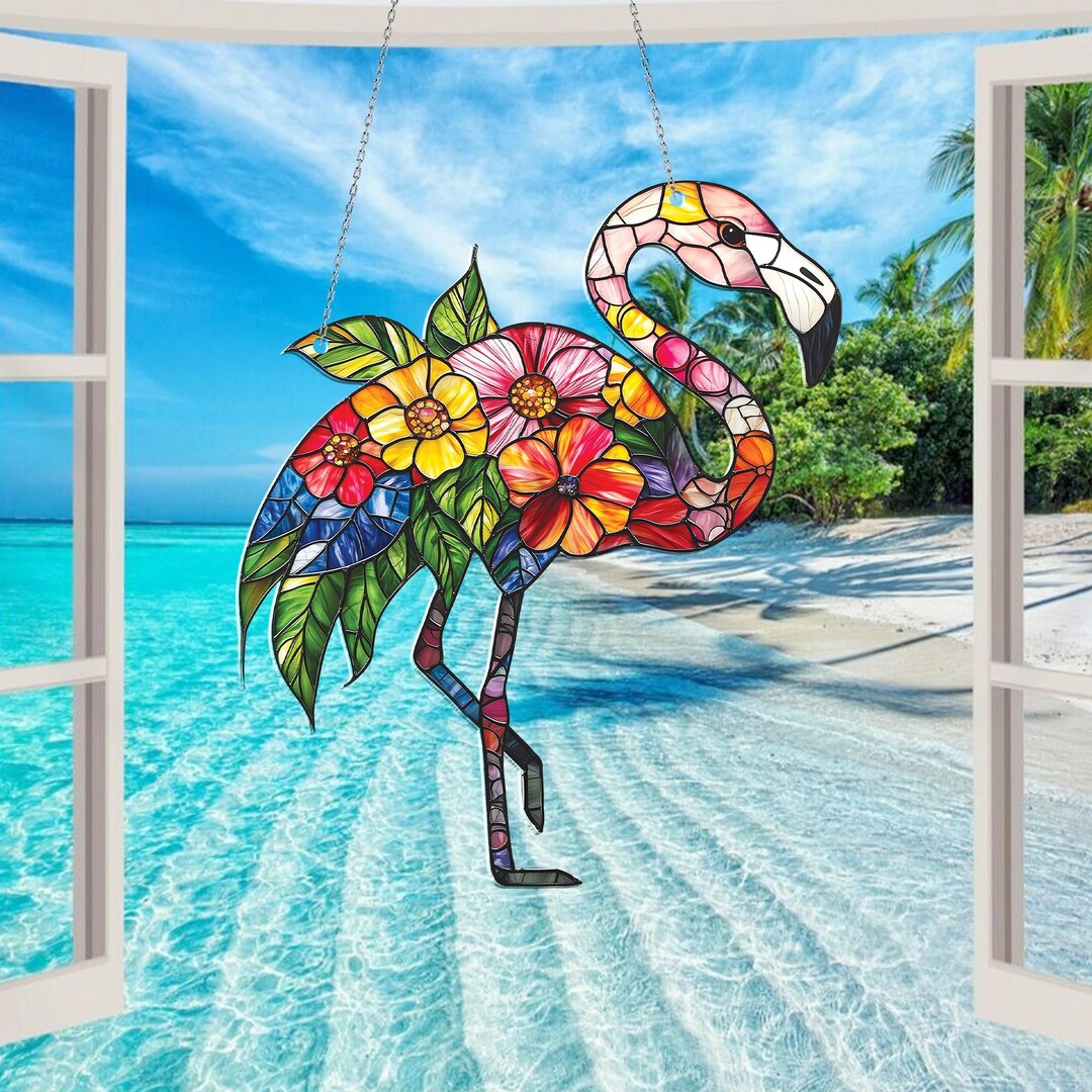 Colorful Stained Glass Flamingo Window Hanging - Vibrant Floral Design ...