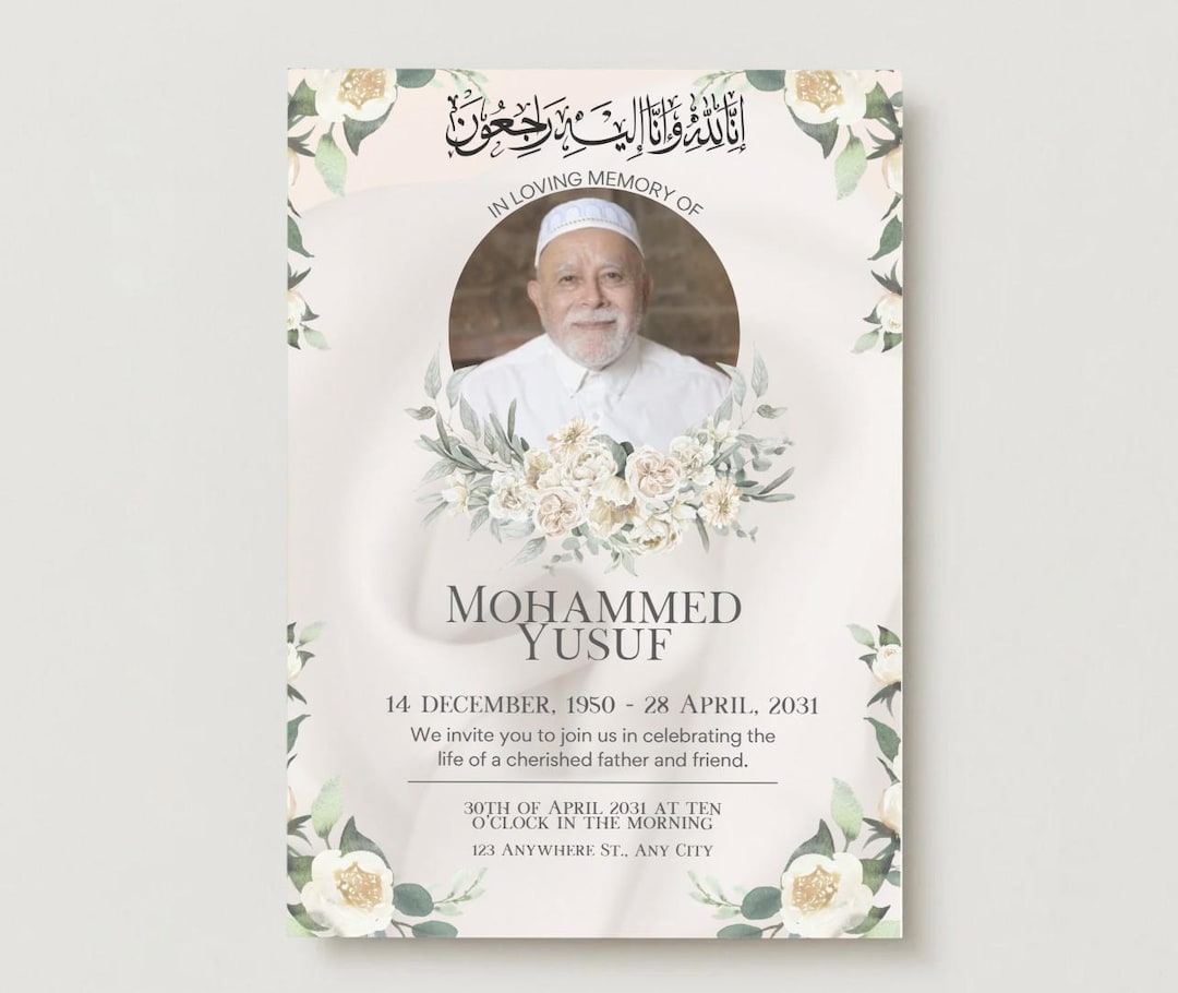 Muslim Funeral Invitation Template | Beige & Green Floral Islamic ...