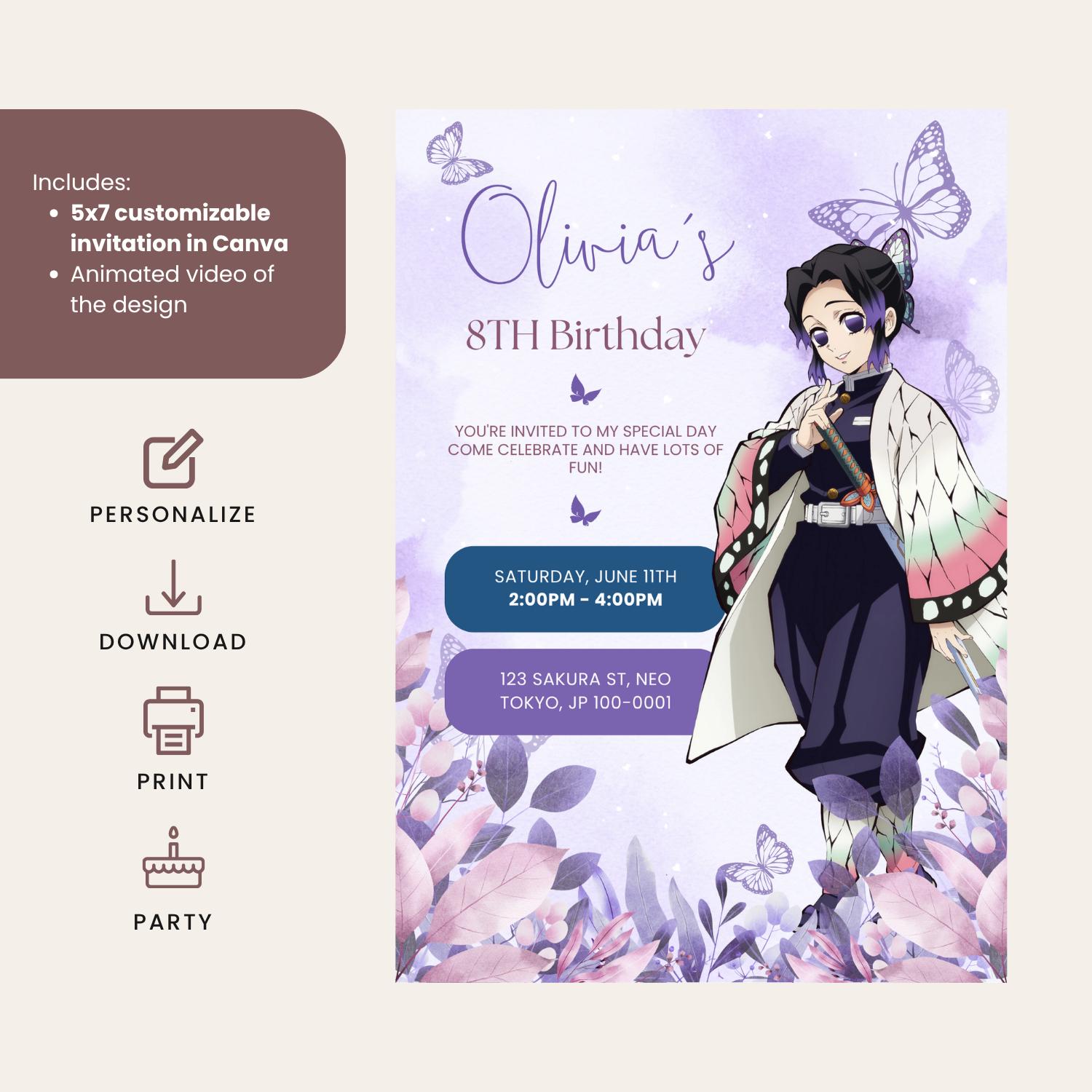 SHINOBU KOCHO Birthday Invitation | Demon Slayer | Editable in Canva ...