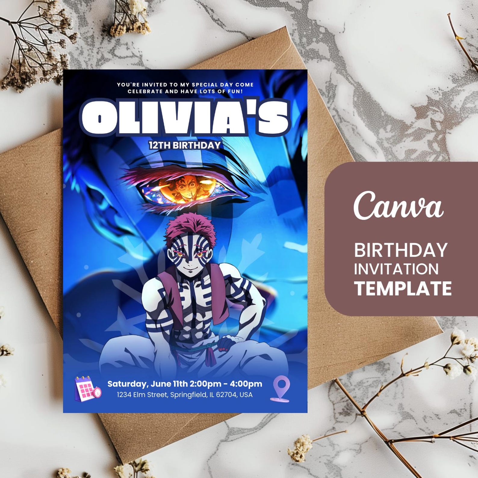 AKAZA Demon Slayer Birthday Invitation | Editable in Canva | Printable ...