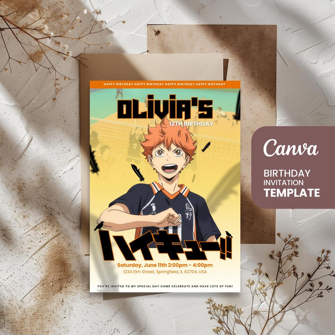 HAIKYUU HINATA Haikyuu Birthday Invitation | Editable in Canva ...