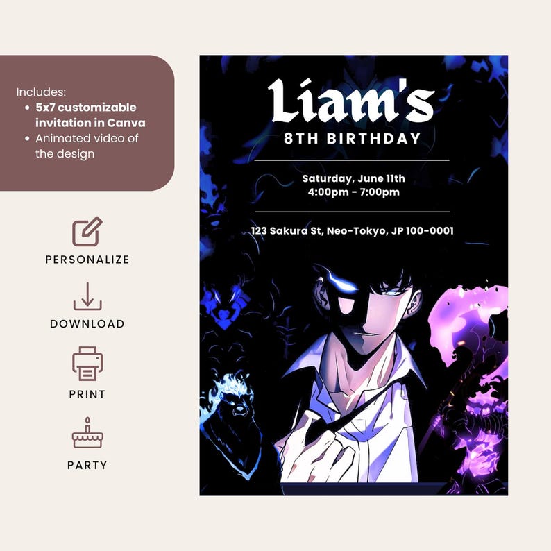 Editable Birthday Invitation SOLO LEVELING | Customize in Canva ...