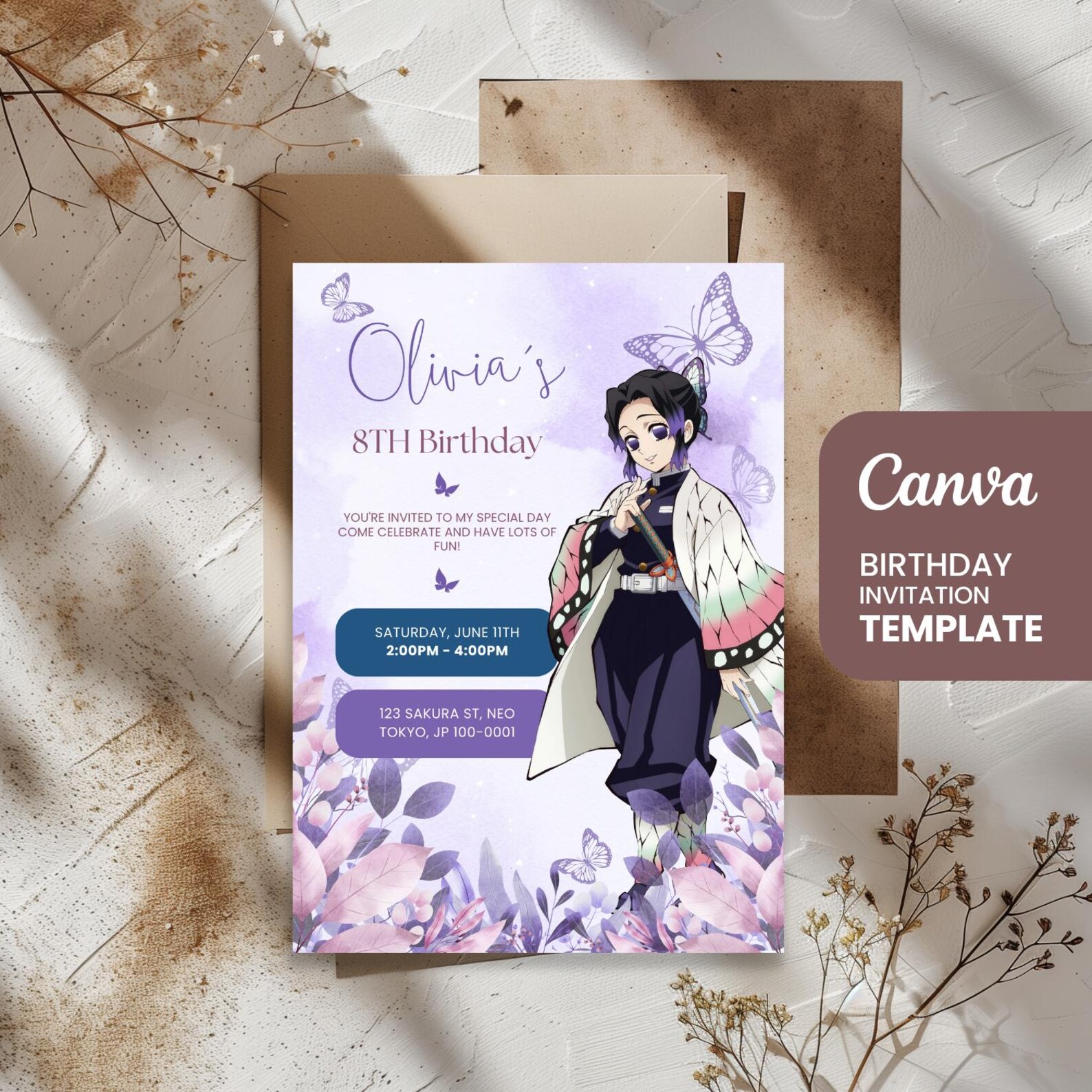 SHINOBU KOCHO Birthday Invitation | Demon Slayer | Editable in Canva ...