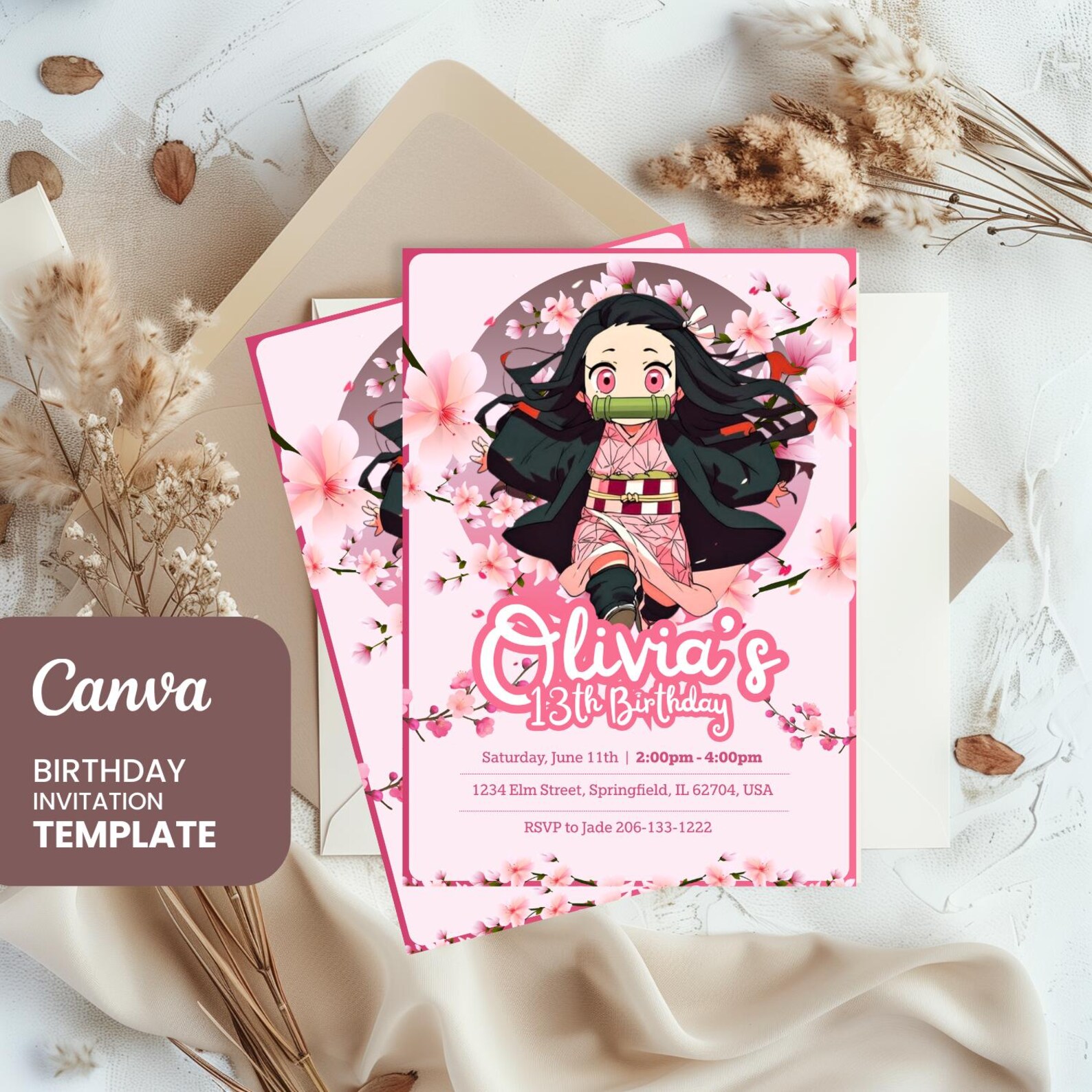 NEZUKO KAMADO Birthday Invitation | Demon Slayer | Editable in Canva ...