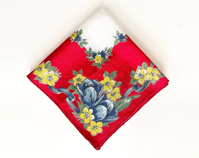 Vintage Floral Handkerchief, Floral Pattern Hankie, Vintage Red Yellow ...
