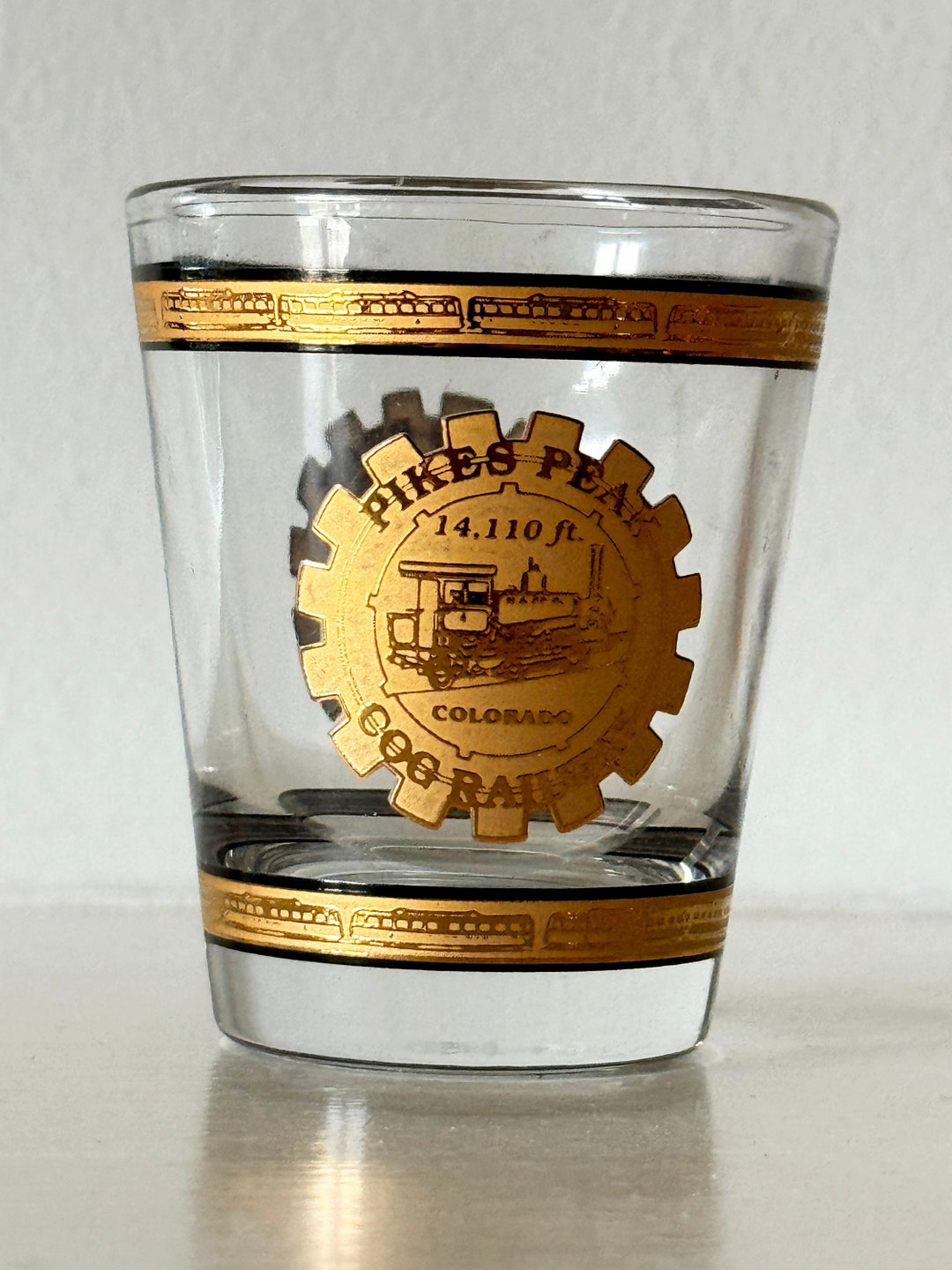 Pikes Peak Cog Railway Souvenir Shot Glass 22K Gold, Vintage Pikes Peak ...