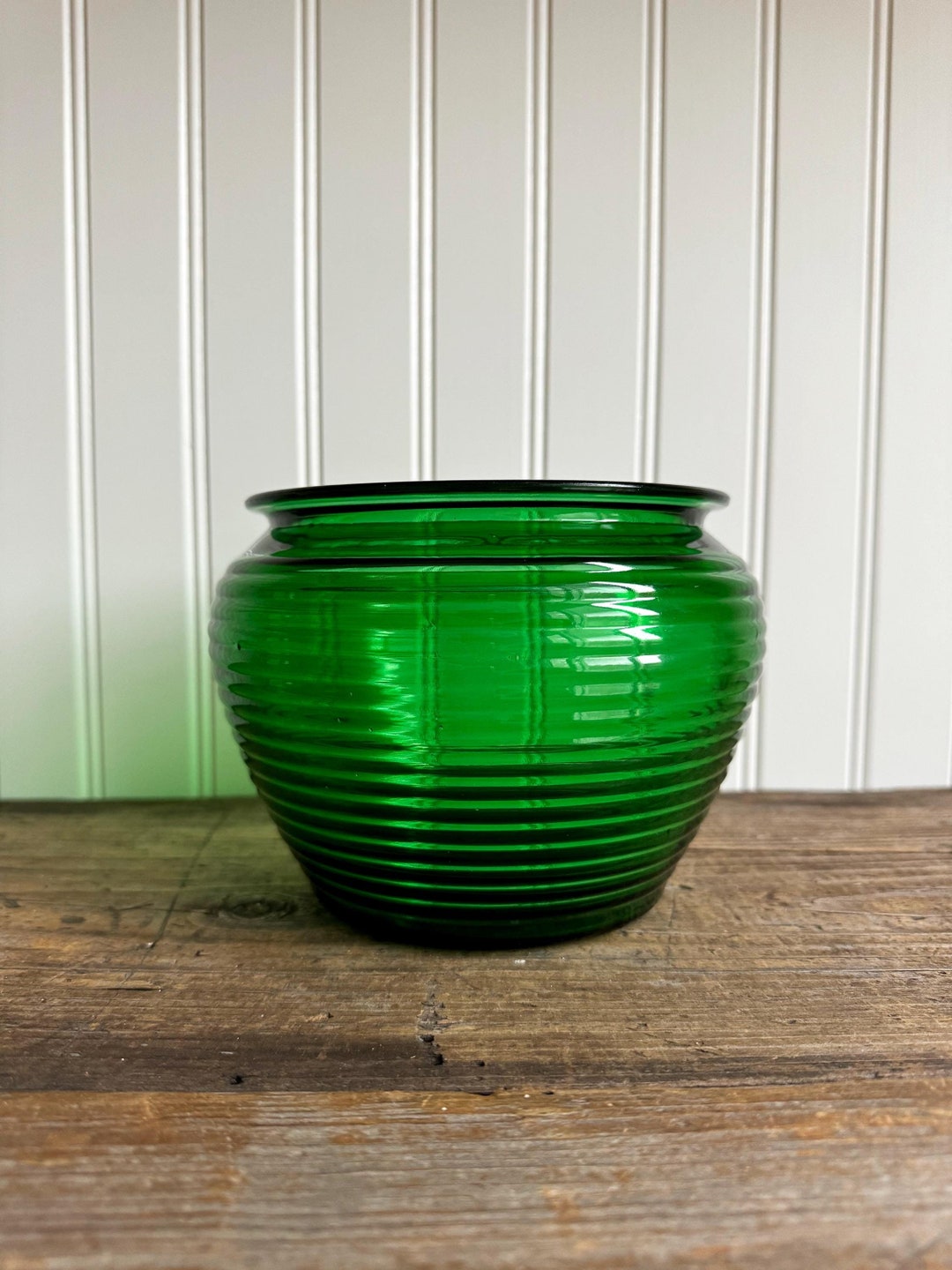 Vintage Emerald Green Ribbed Glass Vase Cache Pot Planter, Emerald ...