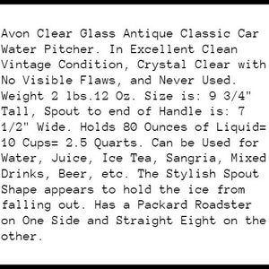 Antique Classic Car Pitcher, Avon, 2.5 Quarts, 2 Lbs. 12 Oz., Vintage ...