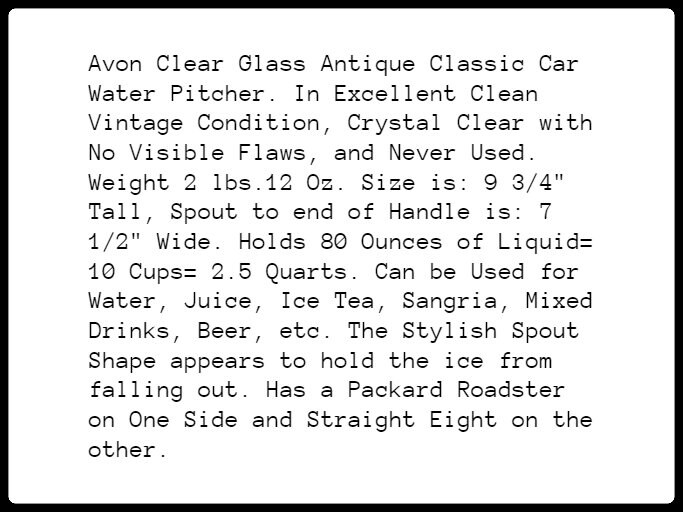 Antique Classic Car Pitcher, Avon, 2.5 Quarts, 2 Lbs. 12 Oz., Vintage ...
