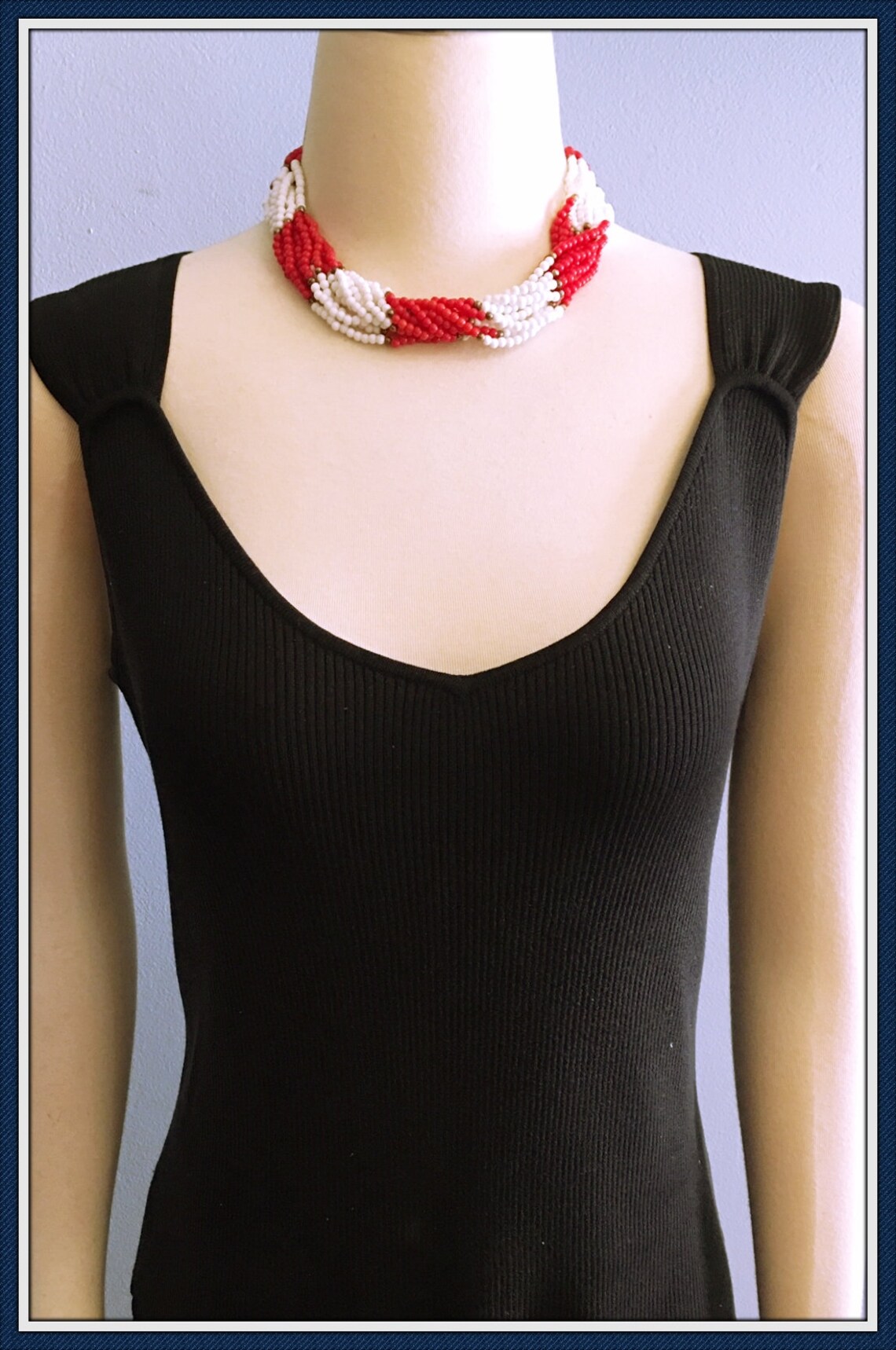 Red and White Torsade Choker, 10 Strands, Small to Medium Neck, Vintage ...