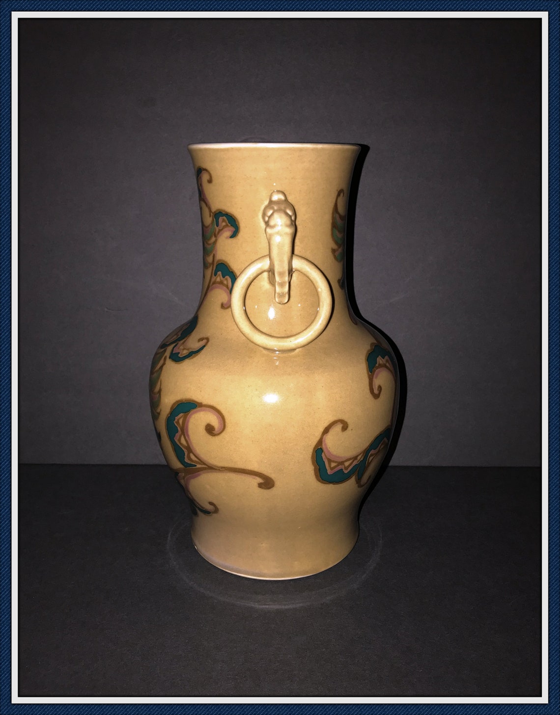 Beige Dragon Head Handled Vase, Rings, Paisley Floral, Heavy. 6.25 Lbs ...