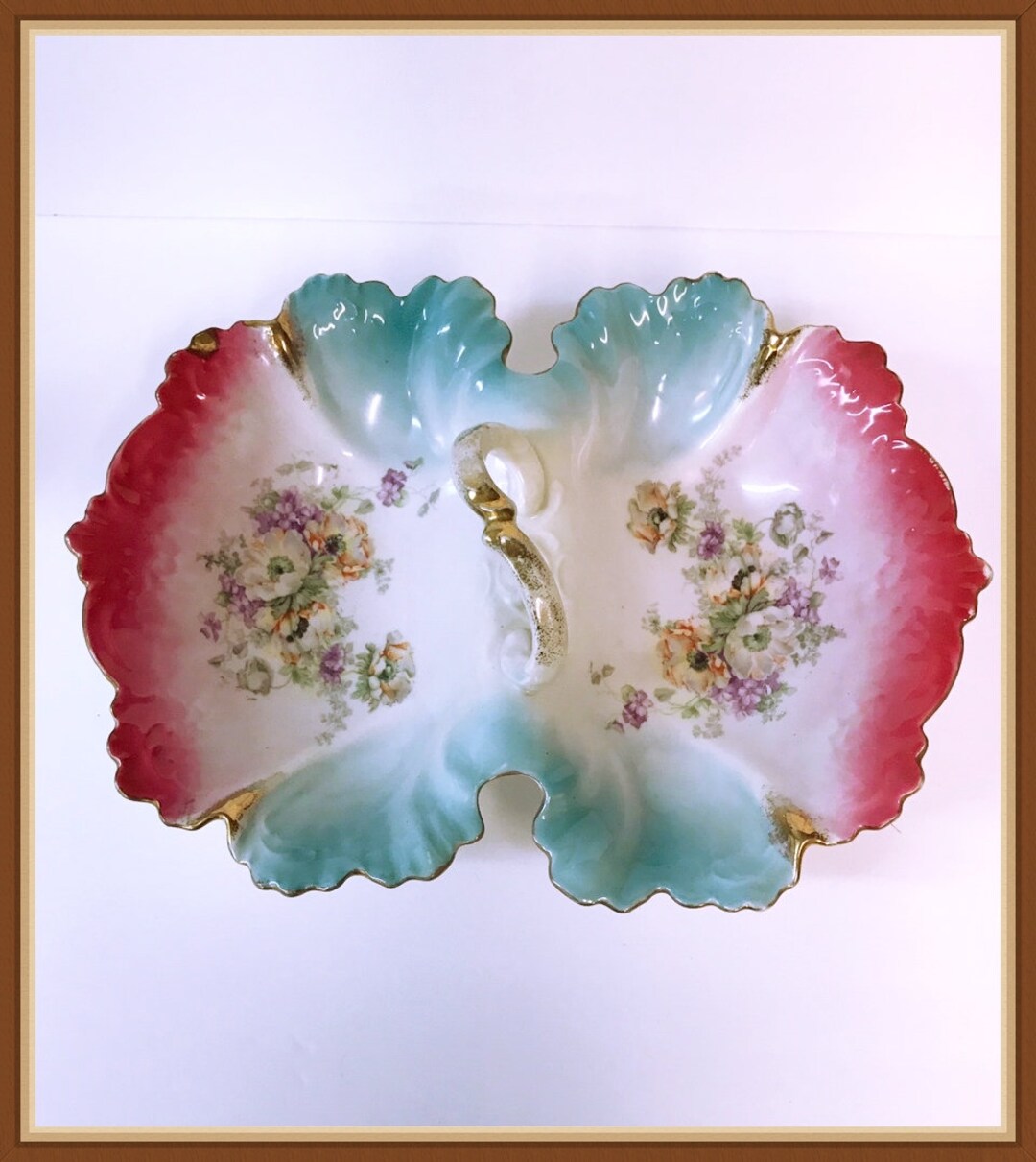 Large Divided Serving Dish, Handle, Porcelain, Pink, Aqua, Violets ...