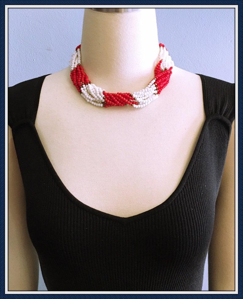 Red and White Torsade Choker, 10 Strands, Small to Medium Neck, Vintage ...