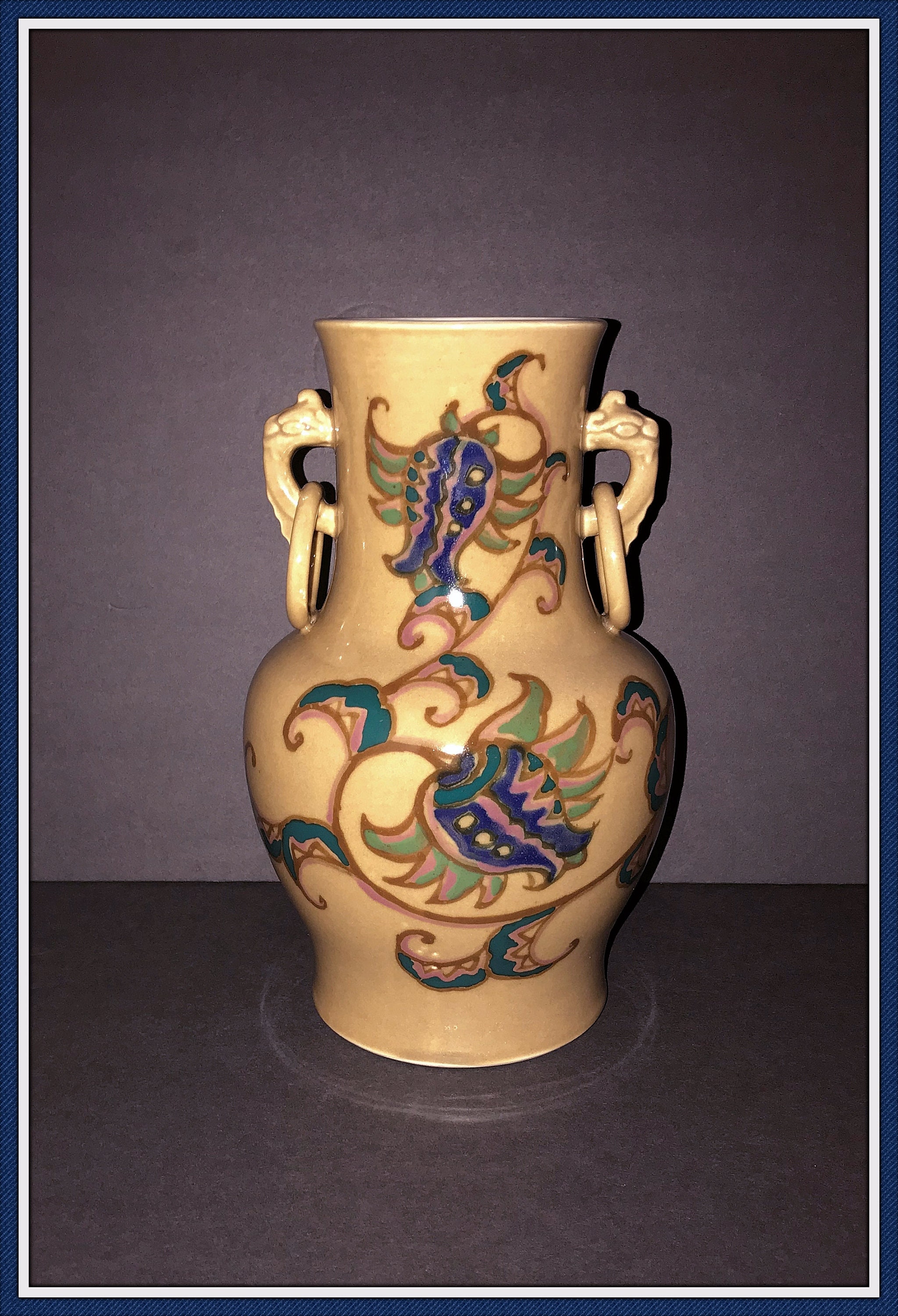 Beige Dragon Head Handled Vase, Rings, Paisley Floral, Heavy. 6.25 Lbs ...