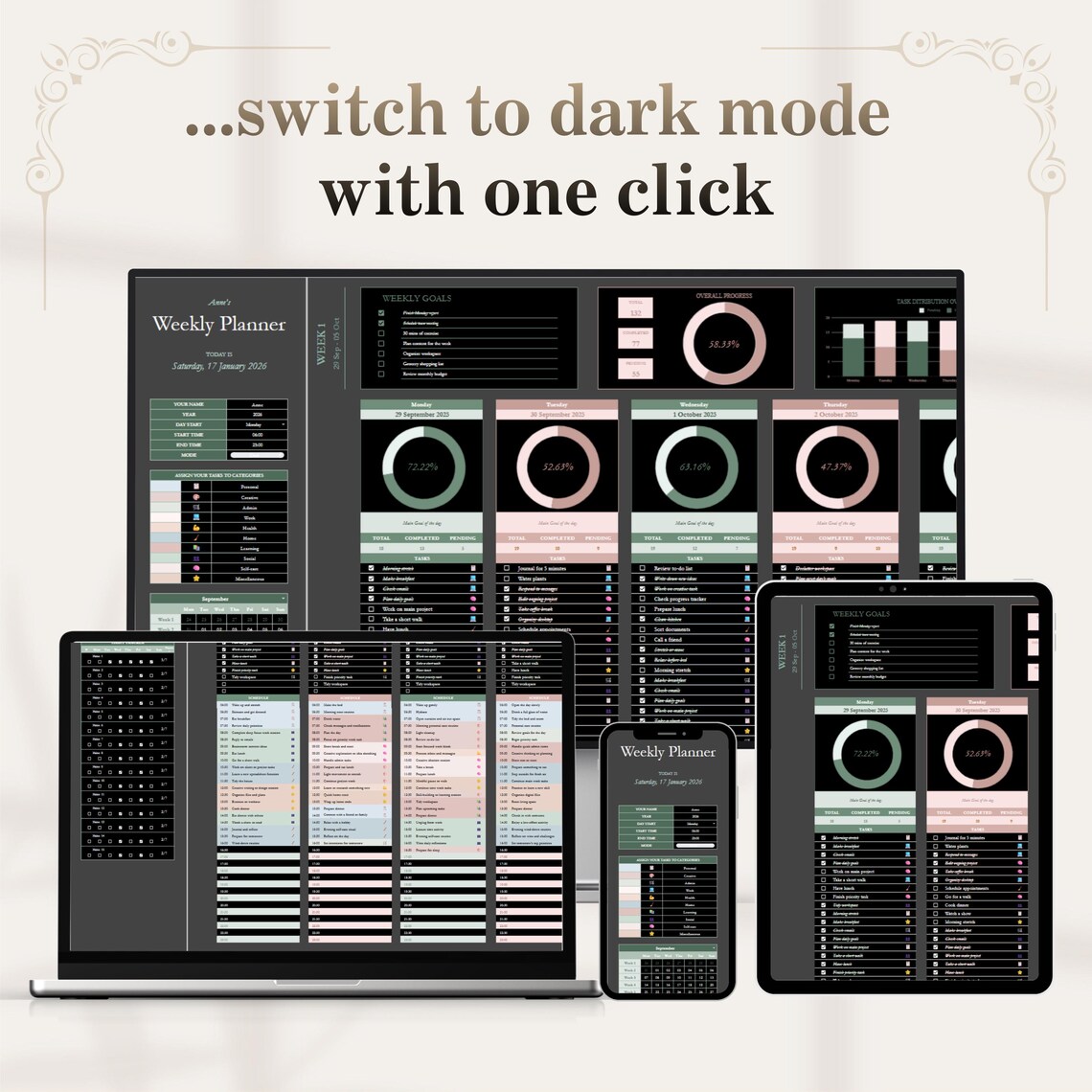 Dark Mode Weekly Planner and Time Blocking Schedule - Monthly Calendar ...