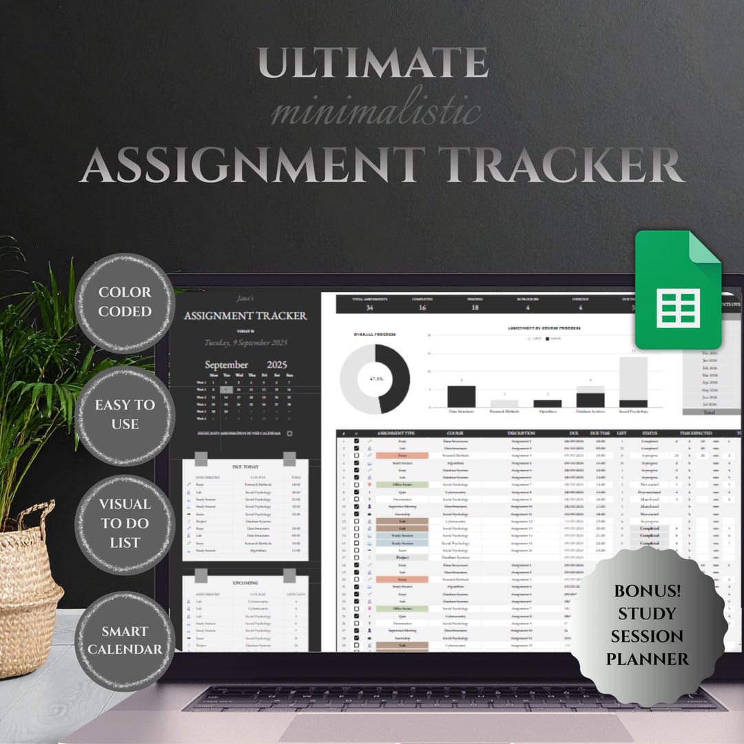 Minimalist Assignment Tracker: Google Sheets, Smart Calendar (digital ...