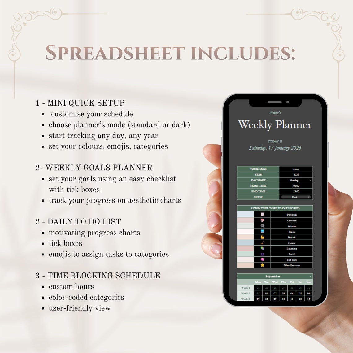Dark Mode Weekly Planner and Time Blocking Schedule - Monthly Calendar ...