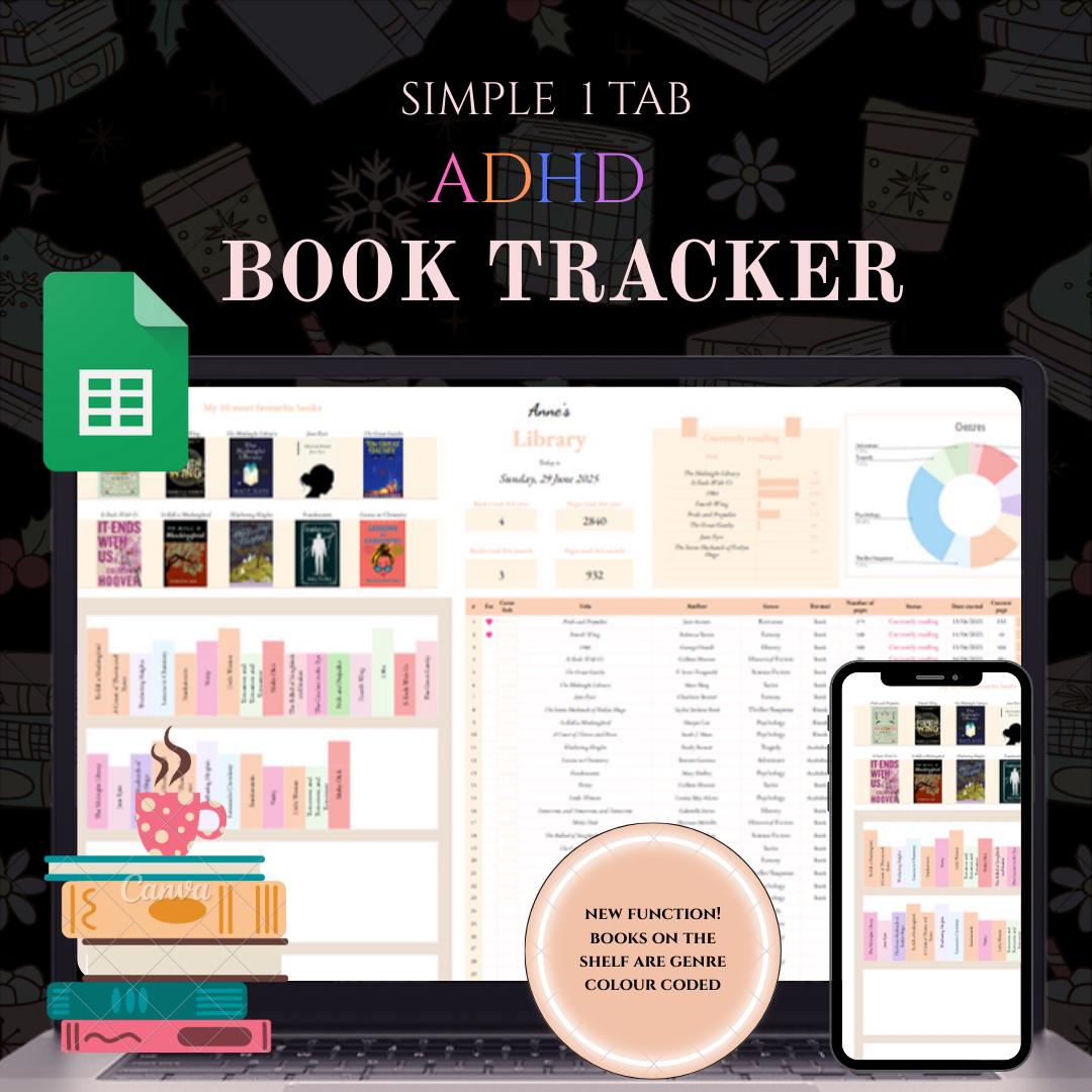 ADHD Reading Tracker Google Sheets: Color-coded Digital Bookshelf ...
