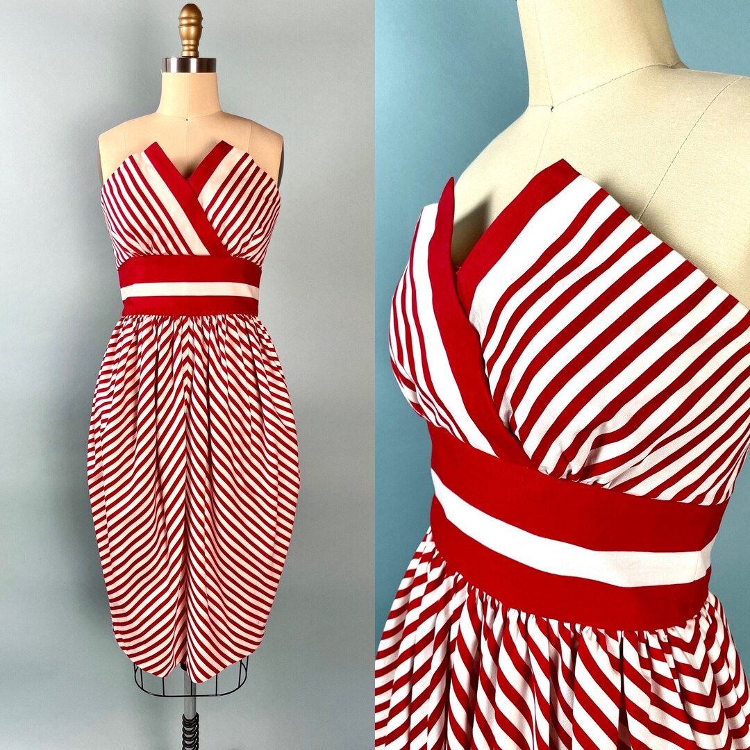 Vintage VICTOR COSTA 1980s Candy Stripe Cinch Waist Bustier Strapless ...