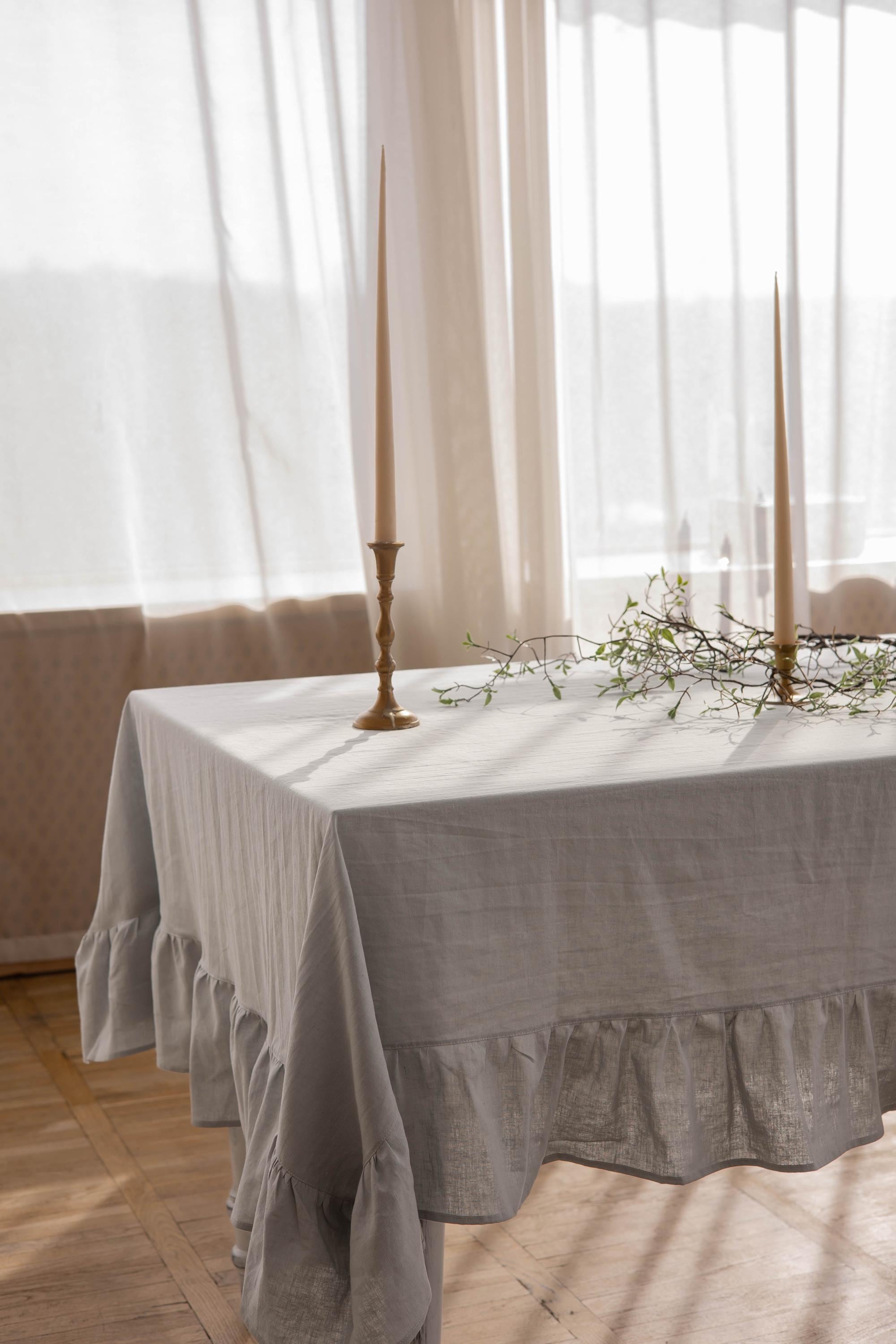 Powder Blue Ruffled Linen Tablecloth – Rustic Elegant Table Cover - Etsy