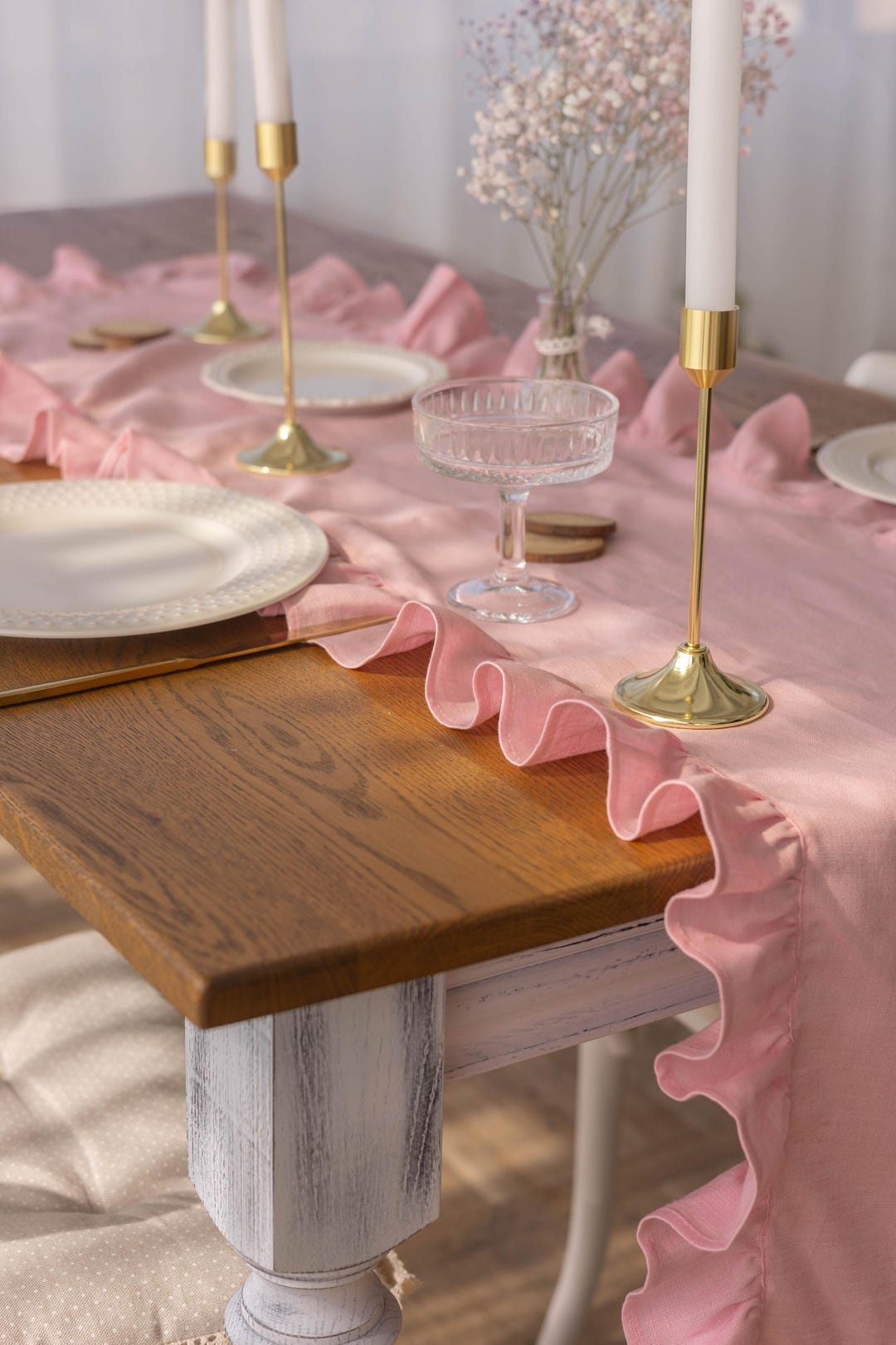 Pink Ruffled Linen Table Runner – 100% Natural Linen | Elegant & Rustic ...