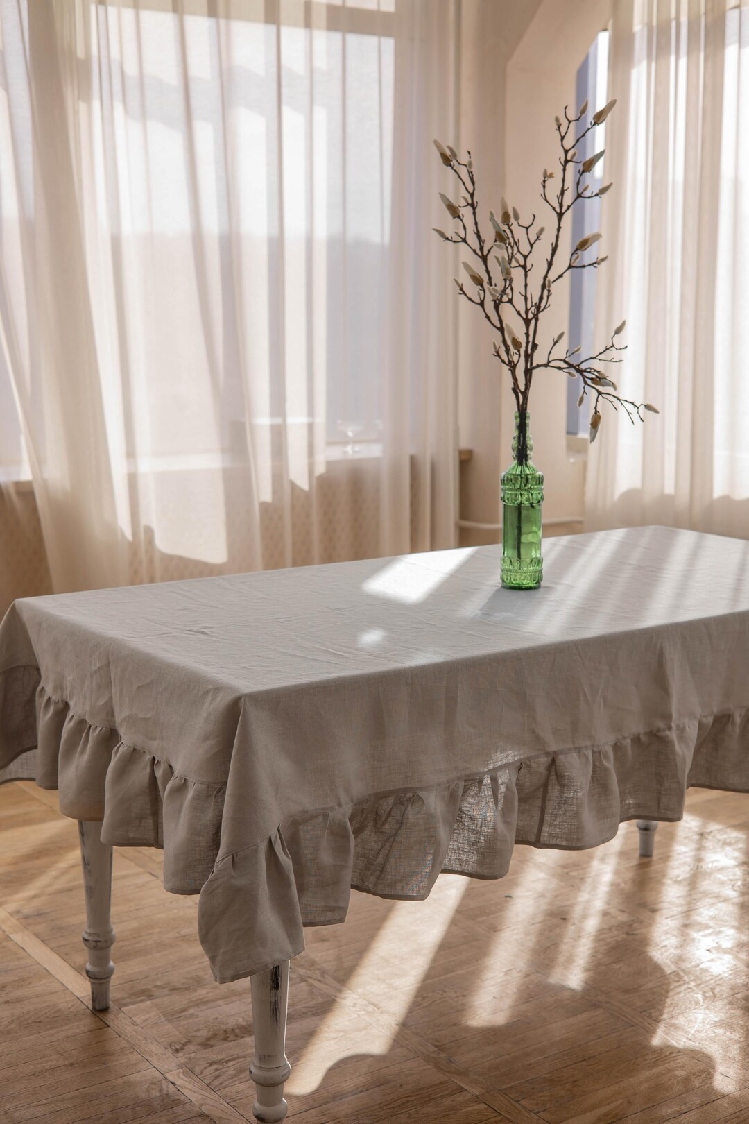 Gray Ruffled Linen Tablecloth – 100% Linen Table Cover | Elegant Rustic ...
