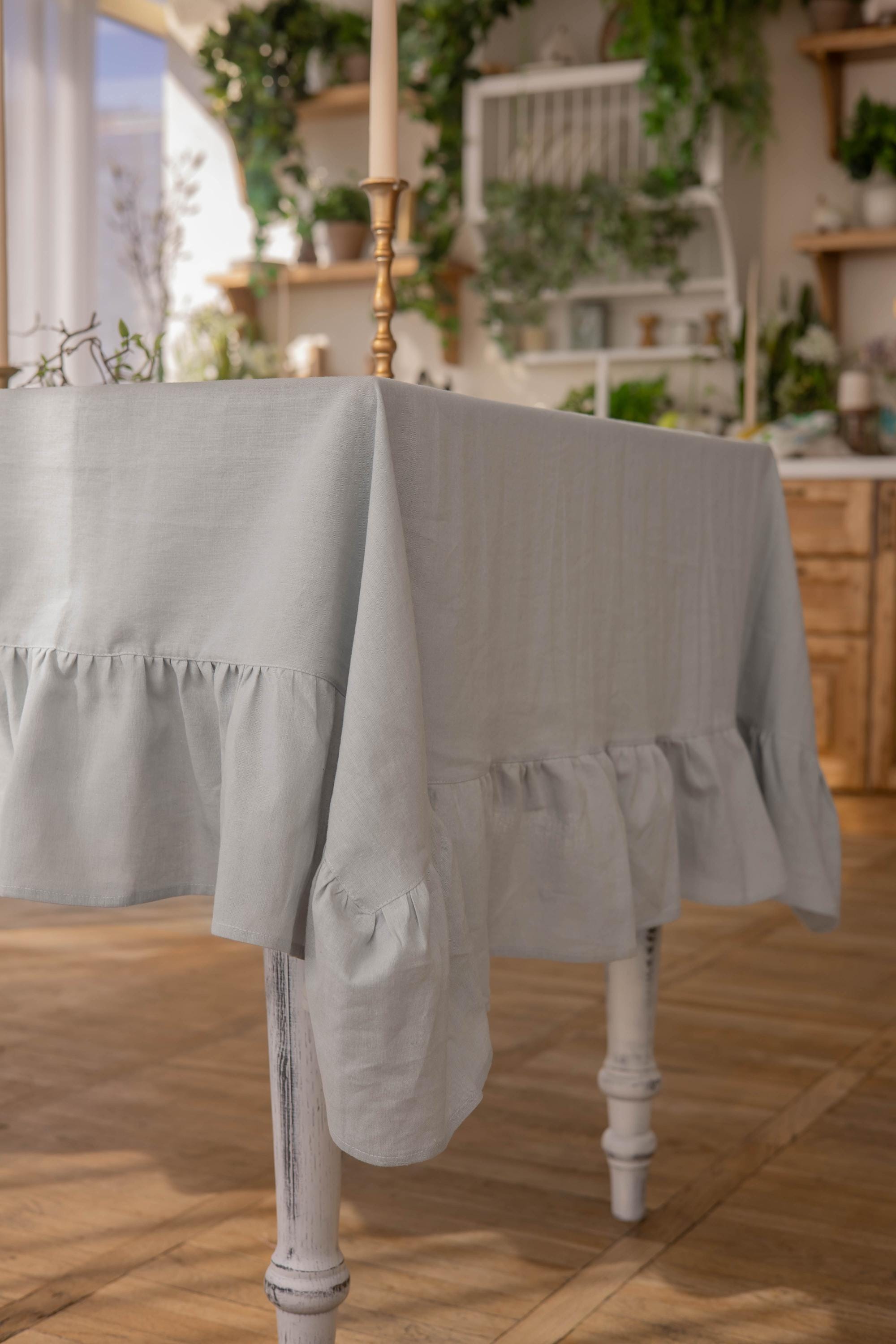 Powder Blue Ruffled Linen Tablecloth – Rustic Elegant Table Cover - Etsy