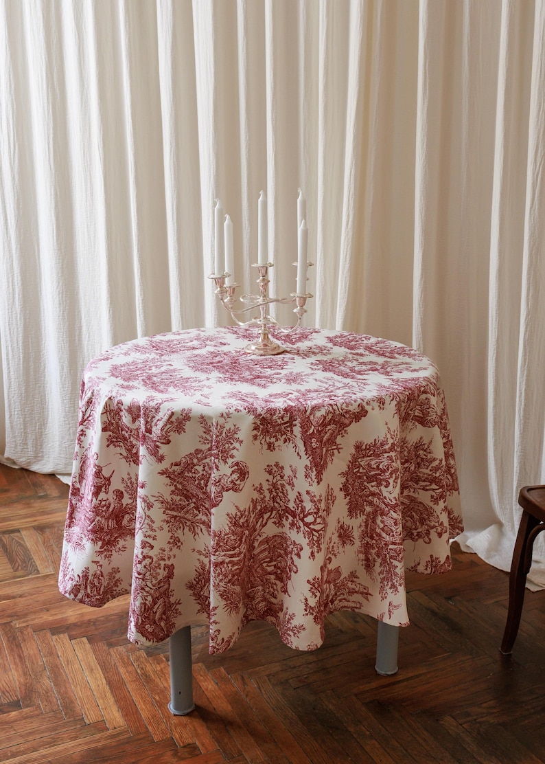 Round Burgundy Toile De Jouy Tablecloth – French Printed Cotton Table ...