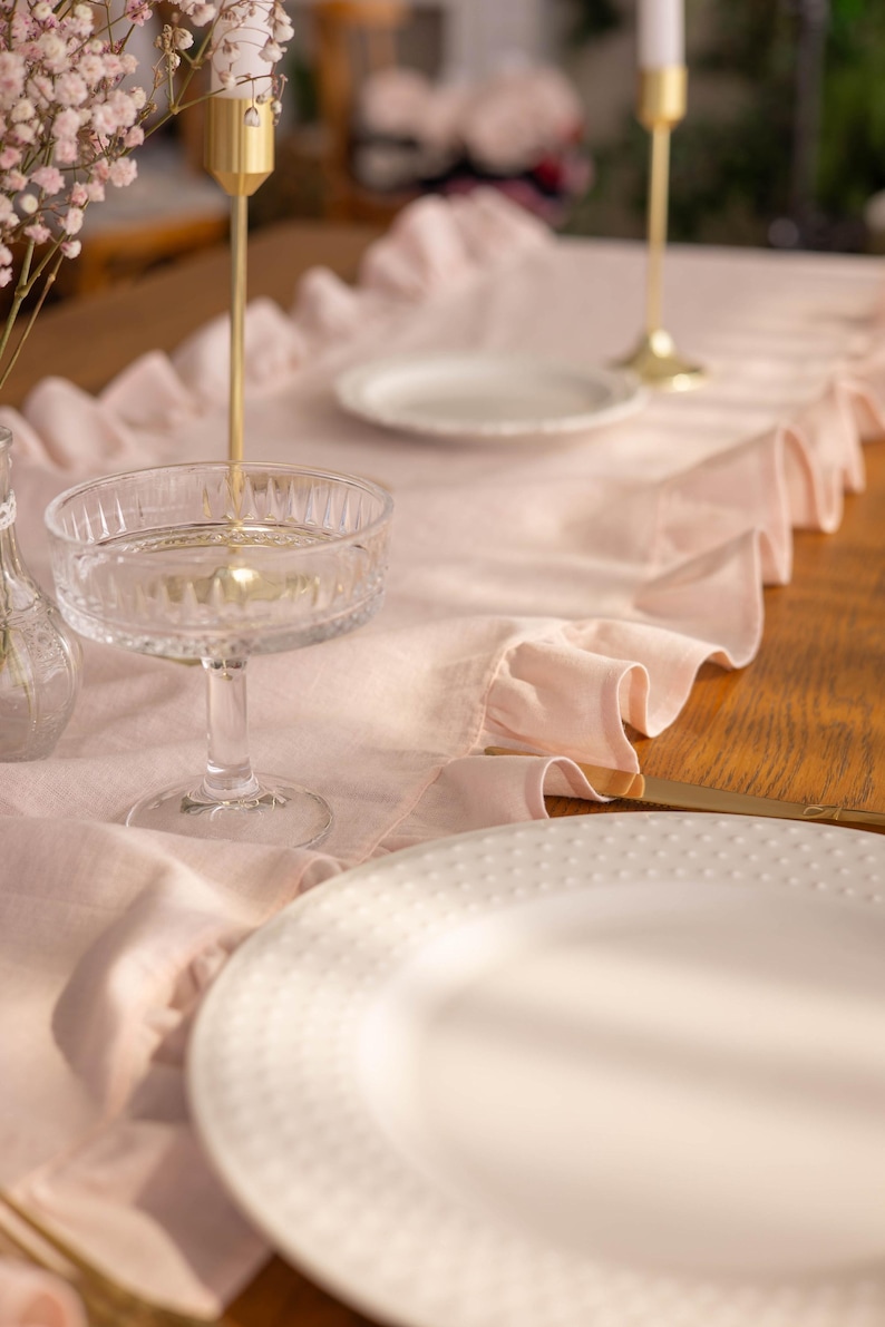 Powder Pink Ruffle Table Runner – Linen Cotton Blend Rustic Decor for ...