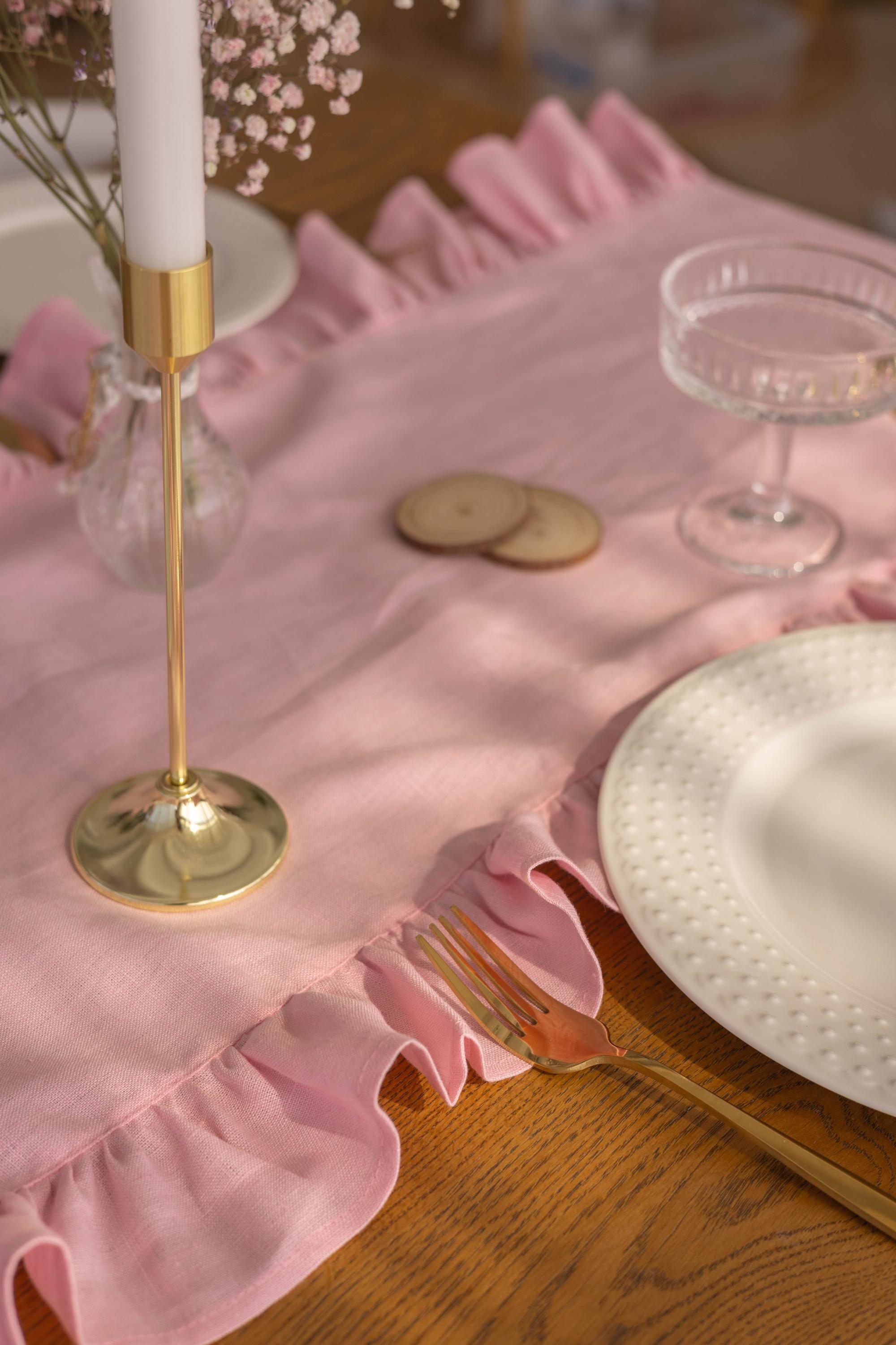 Pink Ruffled Linen Table Runner – 100% Natural Linen | Elegant & Rustic ...