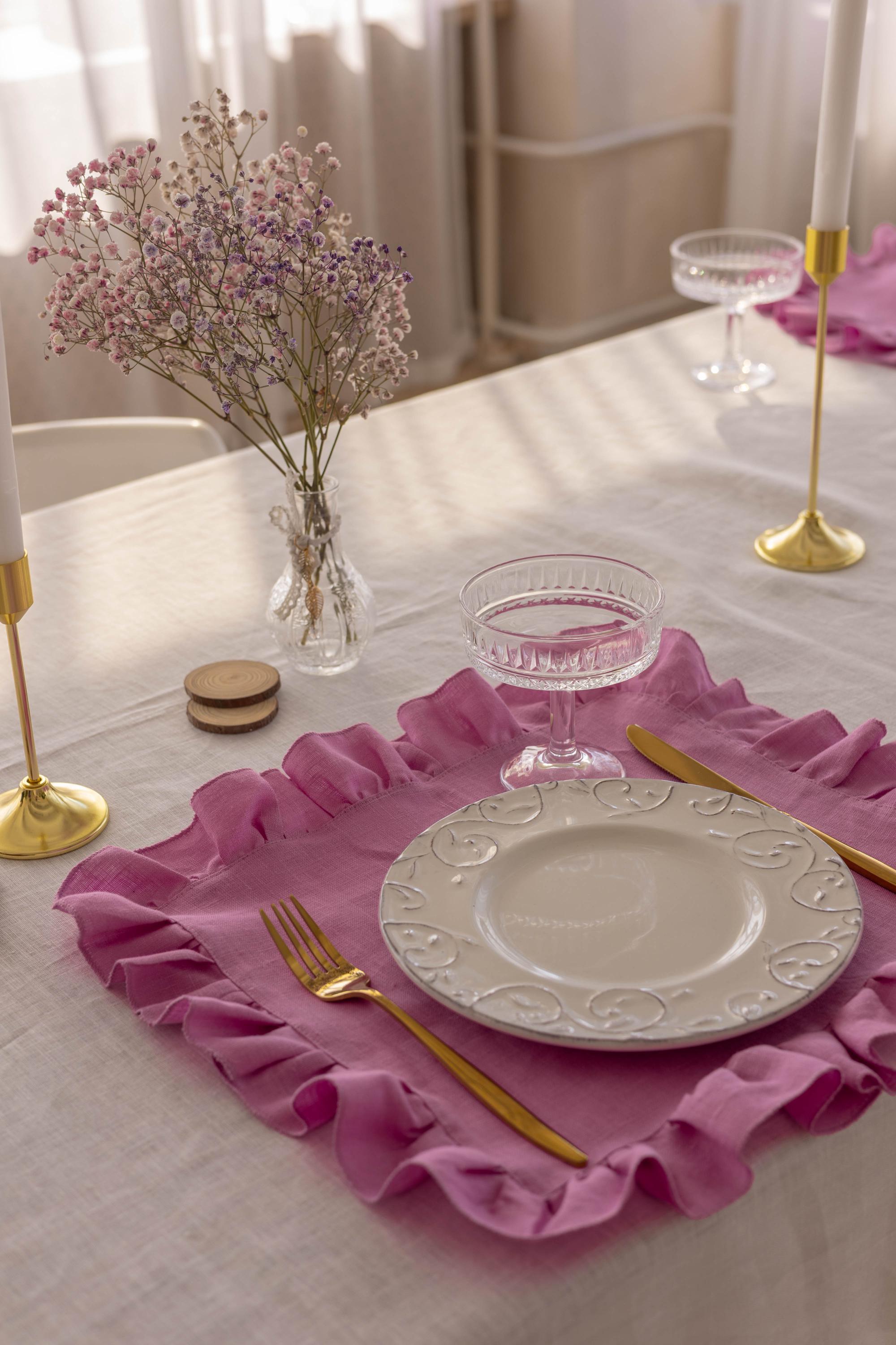 Pink Ruffled Linen Placemat – Rustic Farmhouse Table Decor | Natural ...