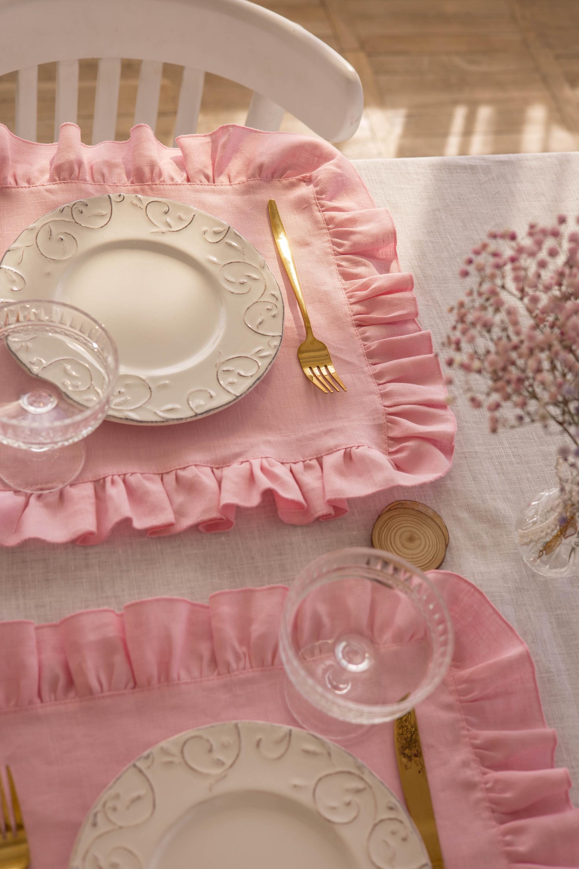 Pink Ruffled Linen Placemat – Rustic Farmhouse Table Decor | Natural ...