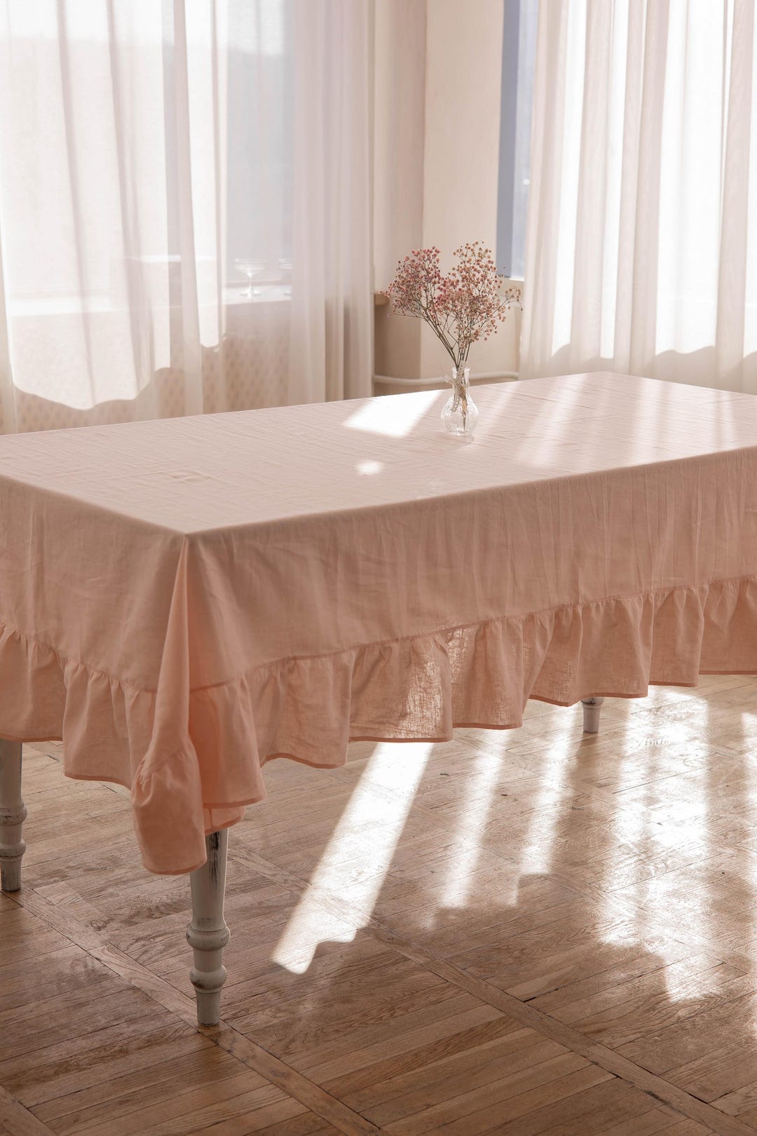 Powder Pink Ruffled Linen Tablecloth – Linen Cotton Mix Table Cover ...
