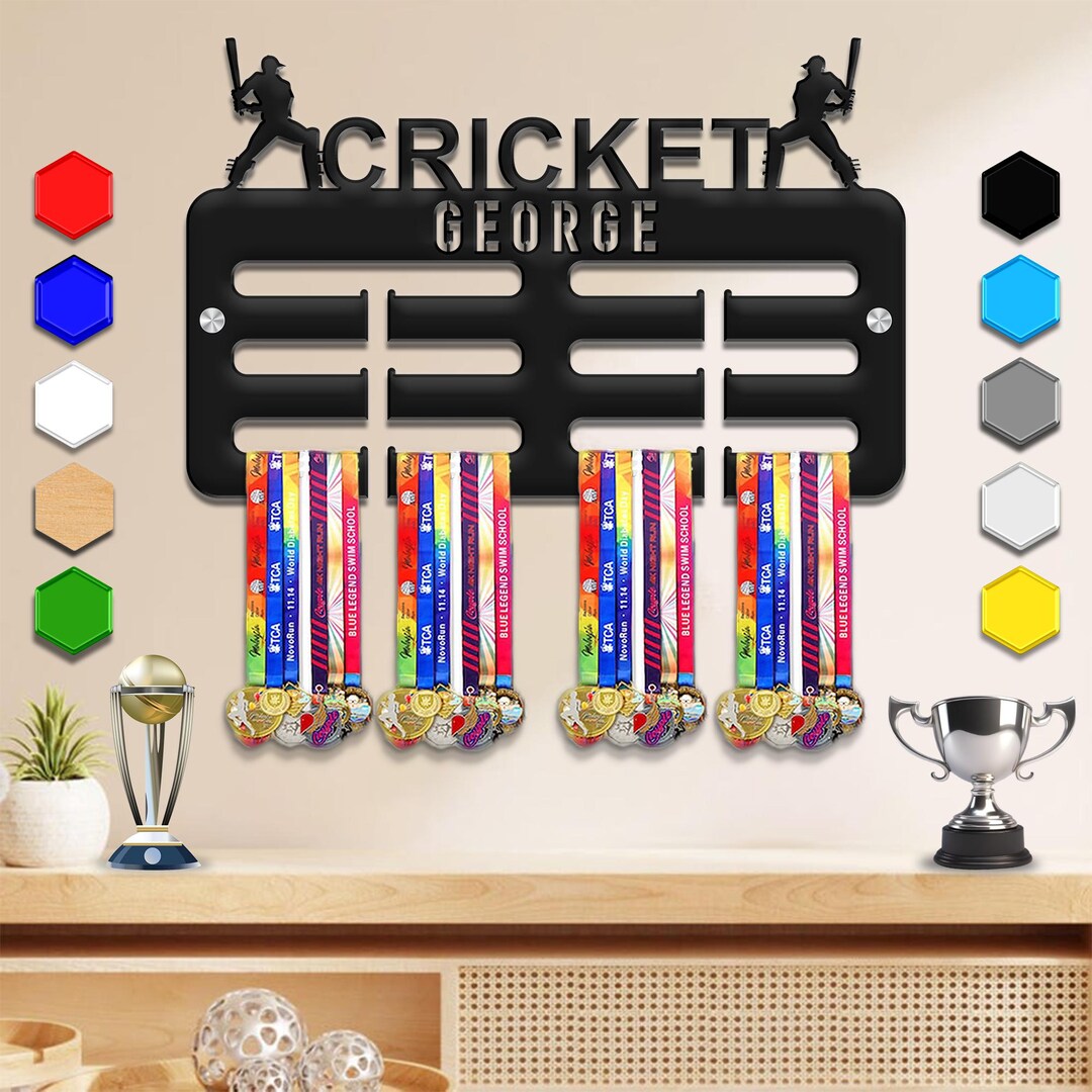 Personalised Cricket Medal Hanger Wall Art & Display Rack for ...