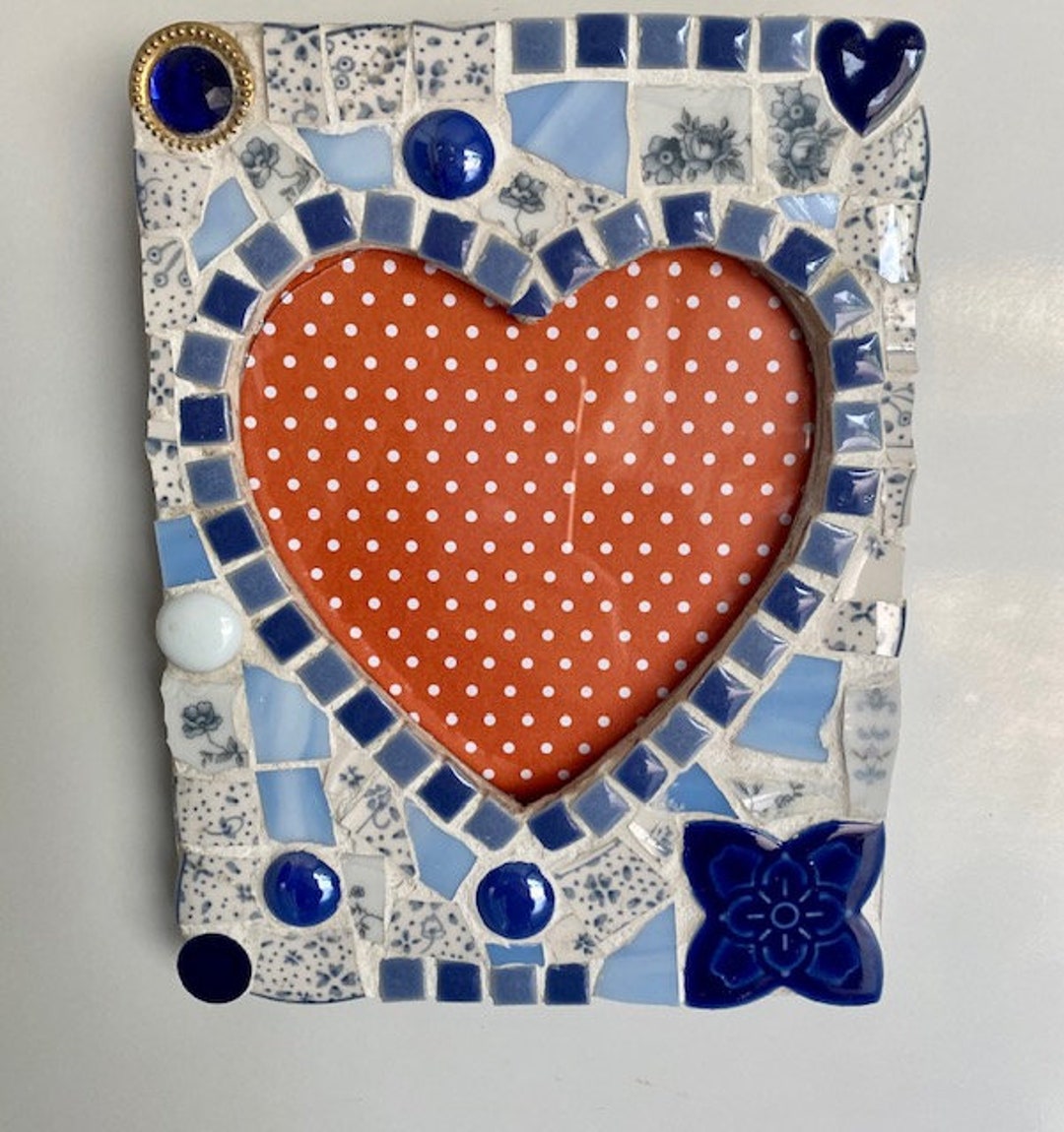 MOSAIC BLUE HEART Picture Frame ~ Tiles ~ China Tiles ~ Hearts ~ Marble ...