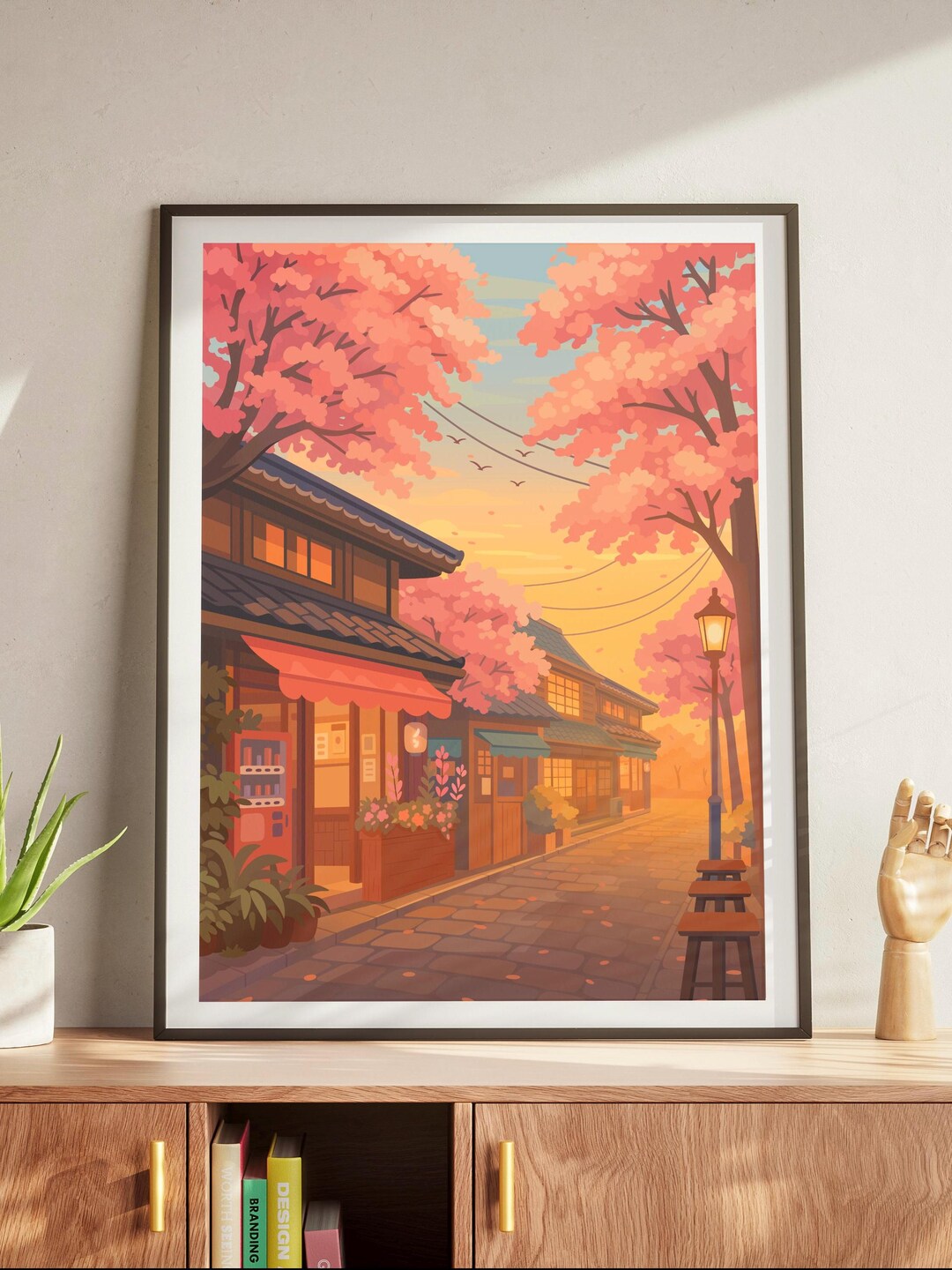 Ghibli Style Vintage Japanese Street Wall Art | Retro Cherry Blossom ...