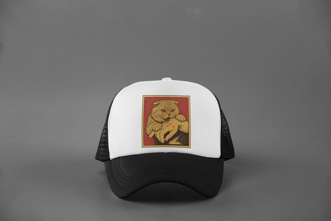 Funny Angry Cat Trucker Hat: Biting Hand Meme - Edgy Cat Lover - Etsy